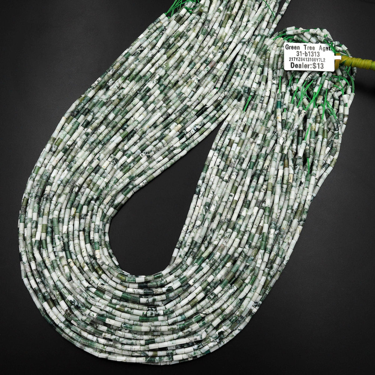Natural Green Tree Agate 4x2mm Small Thin Smooth Spacer Tube Beads 15 ...