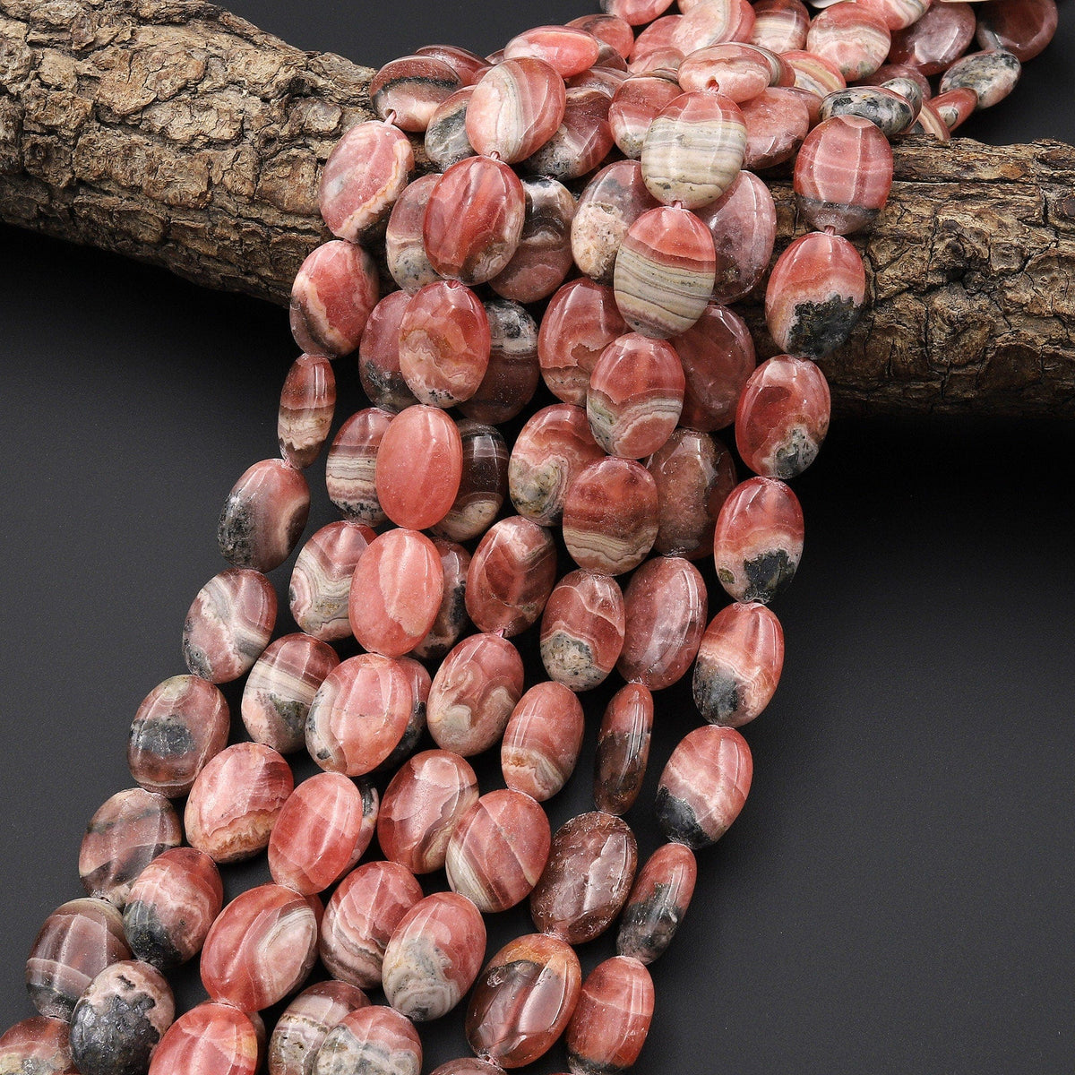 Natural Red Rhodochrosite Oval Beads W Iron Matrix 14x10mm 15.5" Stran ...