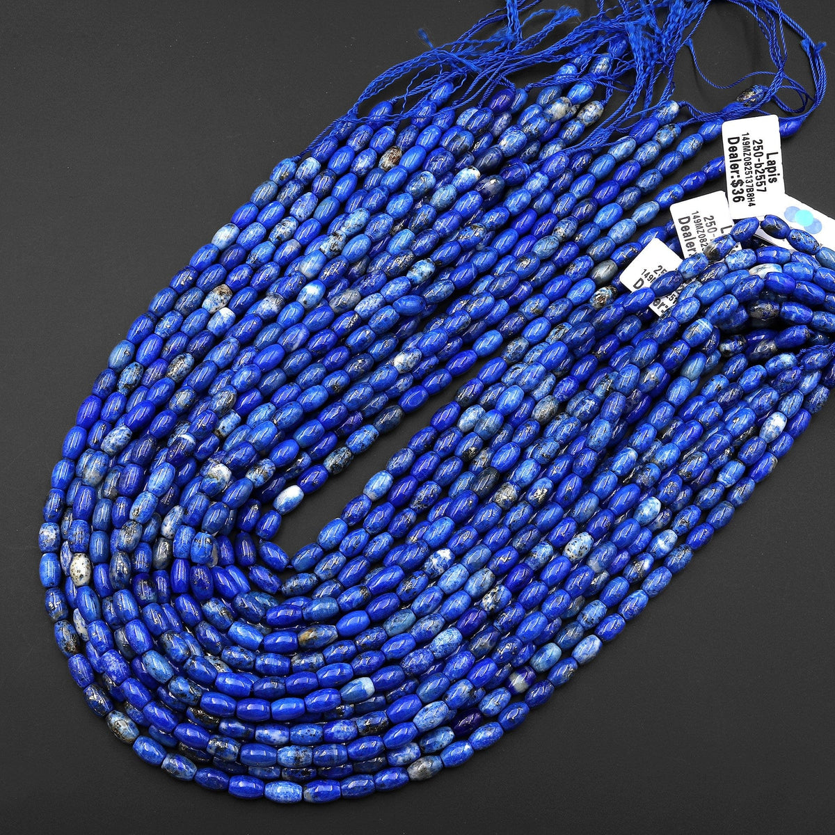 Natural Denim Blue Lapis Drum Barrel Rice Beads 8x5mm With Pyrite Matr ...