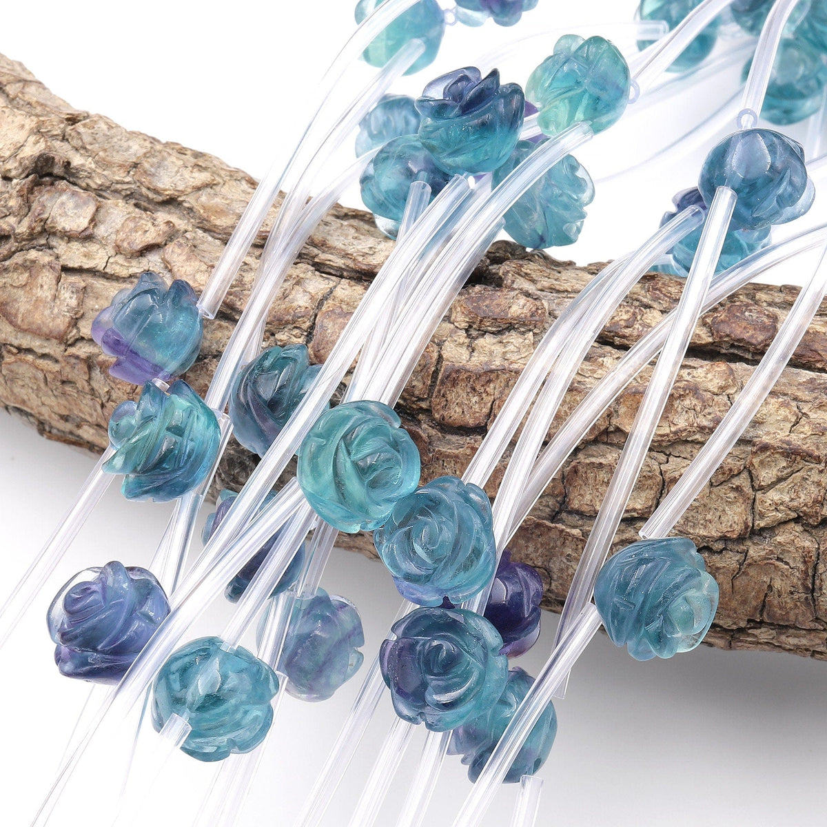 Natural Blue Fluorite Hand Carved Rose Flower Gemstone Beads 12mm 8" S ...