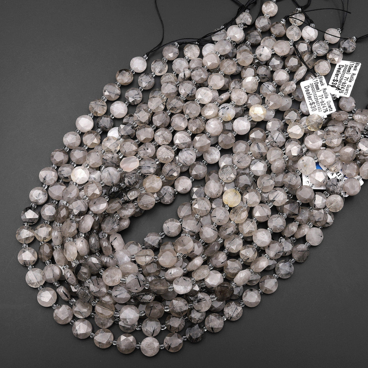Faceted Natural Black Rutilated Smoky Quartz Coin 10mm Beads 15.5" Str ...