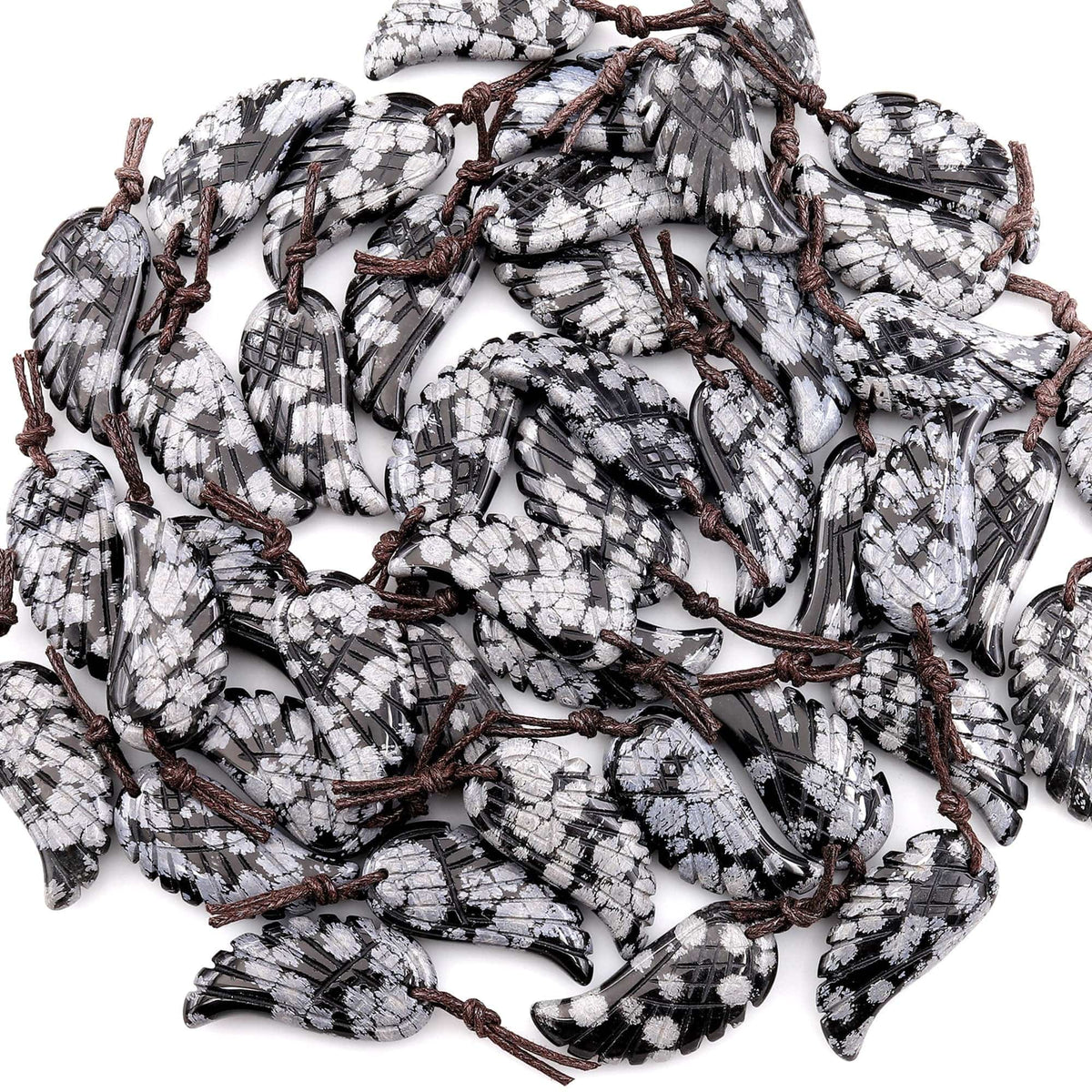 AAA Hand Carved Natural Snowflake Obsidian Angel Wing Pendant Bead Dri ...