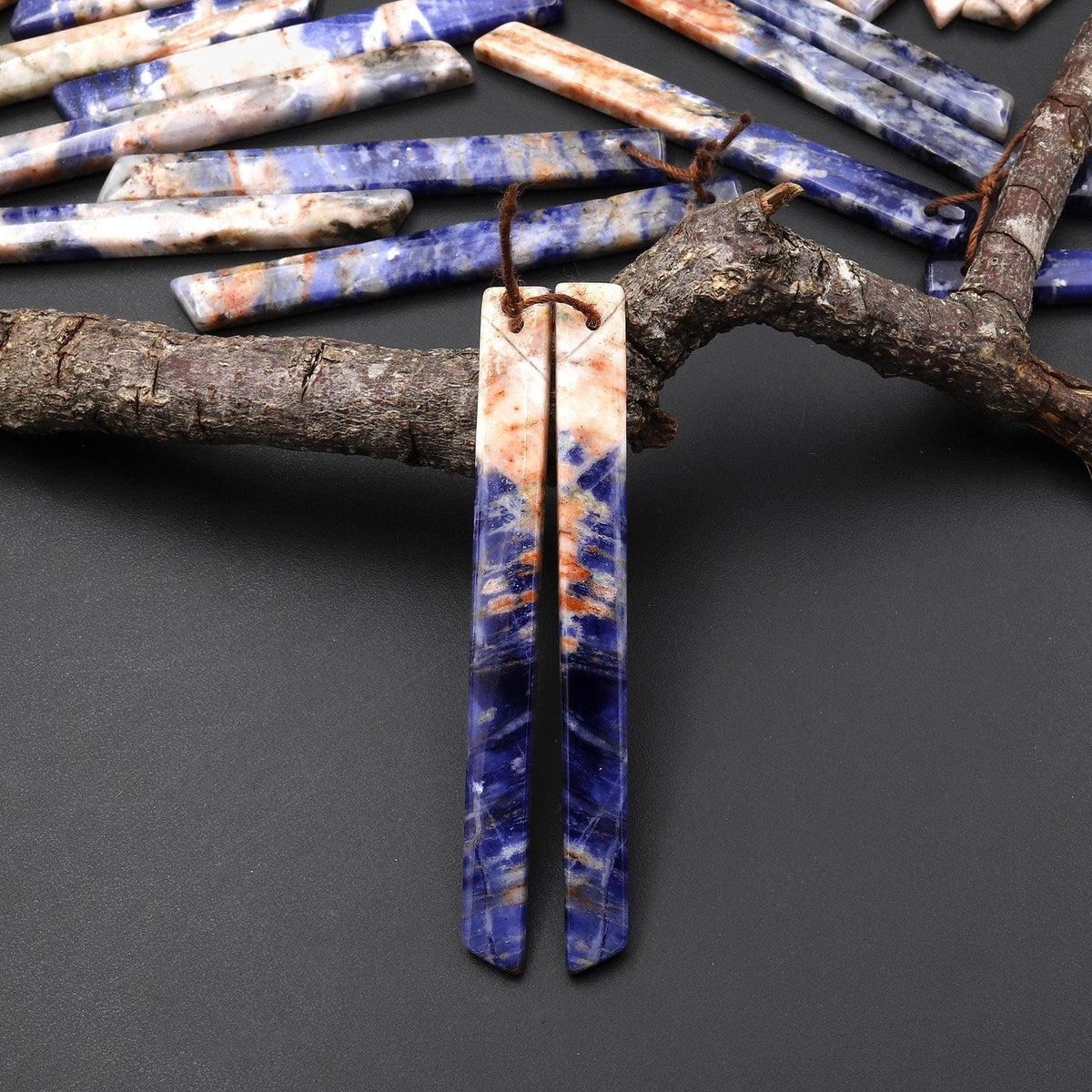 Natural Orange Sodalite Long Slender Beveled Rectangle Earring Pair Ma ...