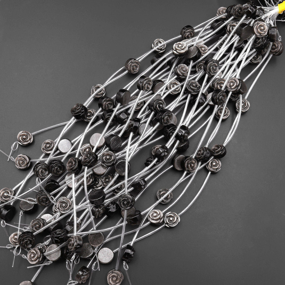 AAA Hand Carved Natural Silver Obsidian Rose Flower Gemstone Beads 14m ...