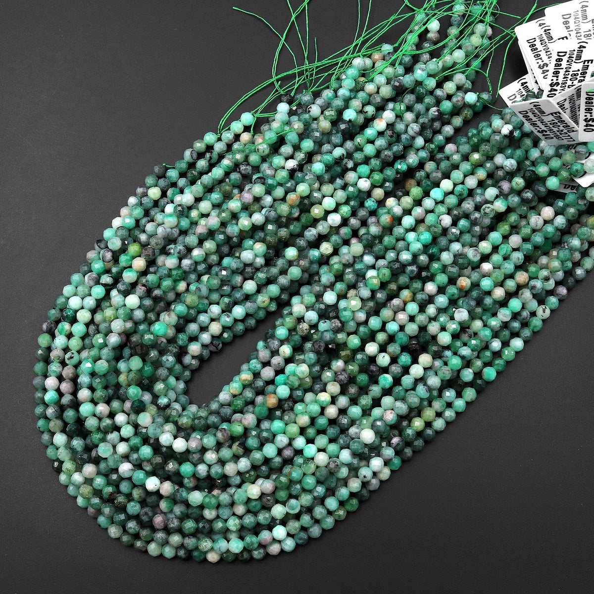 Real Genuine Natural Green Emerald Gemstone Faceted 4mm 5mm Round Bead ...