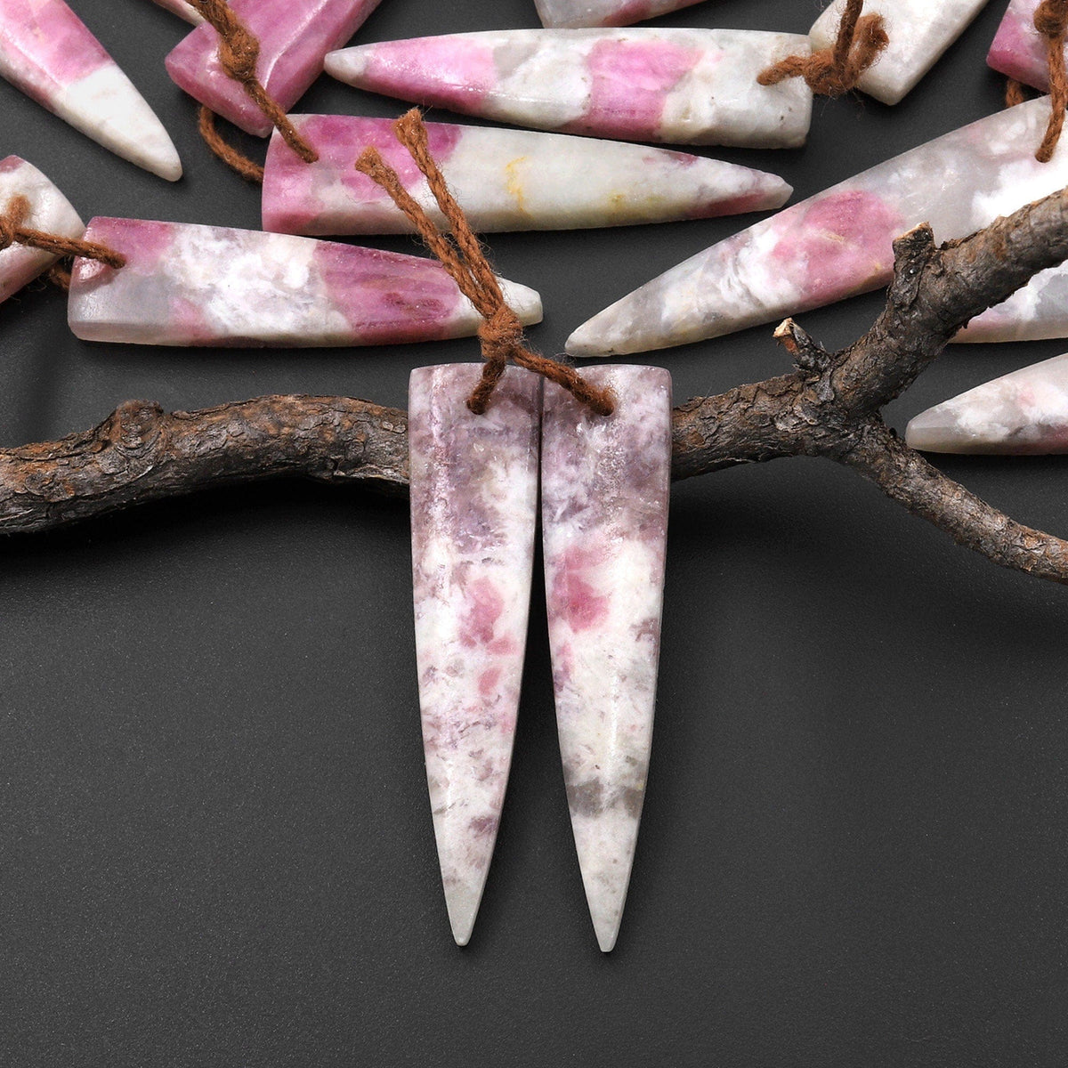 Natural Pink Tourmaline in Quartz Earring Pair Matched Dagger Triangle ...