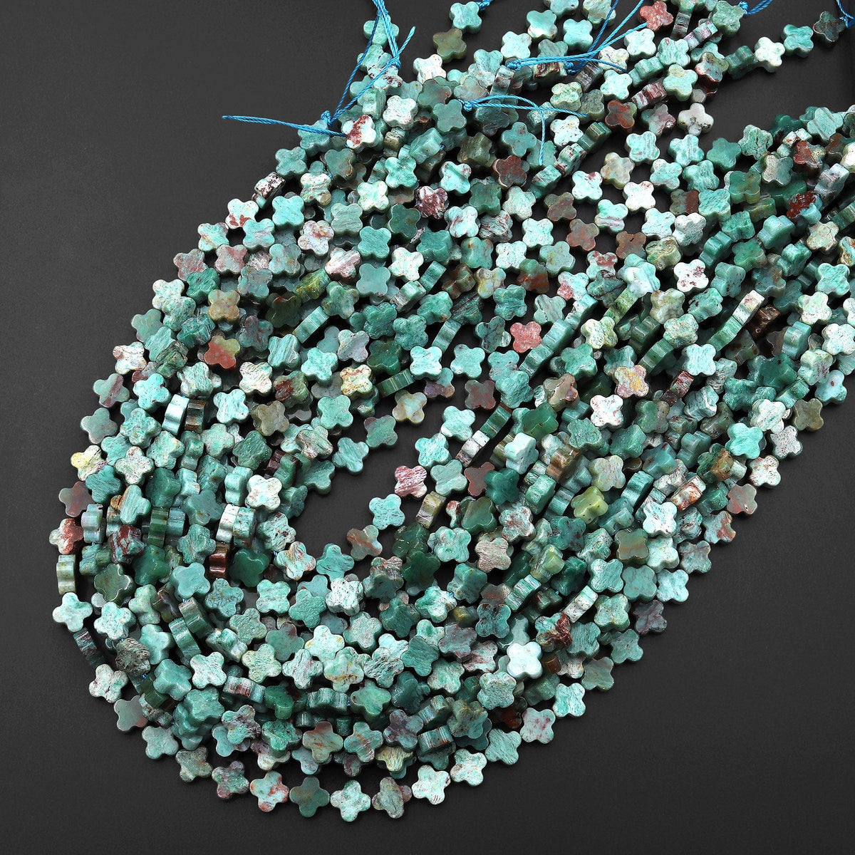 4 Four Leaf Clover Beads Natural Green Dragon Blood Jasper 8mm Hand Ca ...