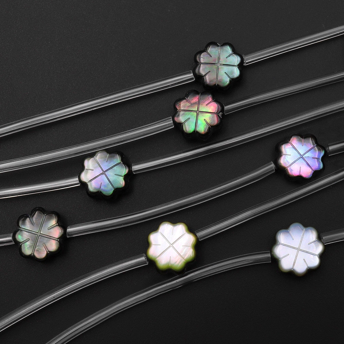 AAA Natural Black Mother of Pearl Hand Carved Star Flower Gemstone Bea ...