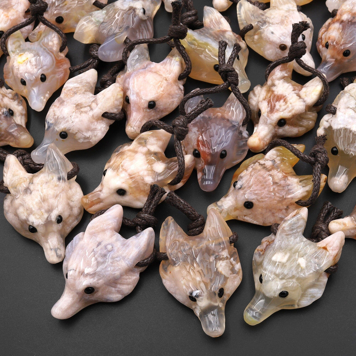 Natural Cherry Blossom Flower Agate Gemstone Wolf Head Side Drilled Cr ...