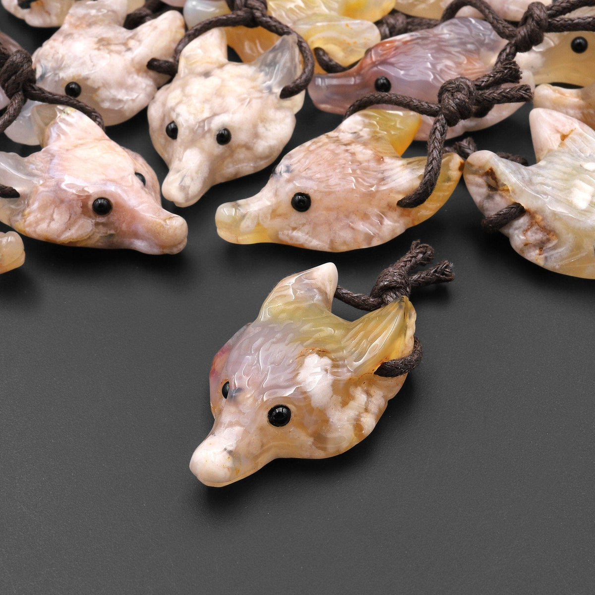 Natural Cherry Blossom Flower Agate Gemstone Wolf Head Side Drilled Cr ...