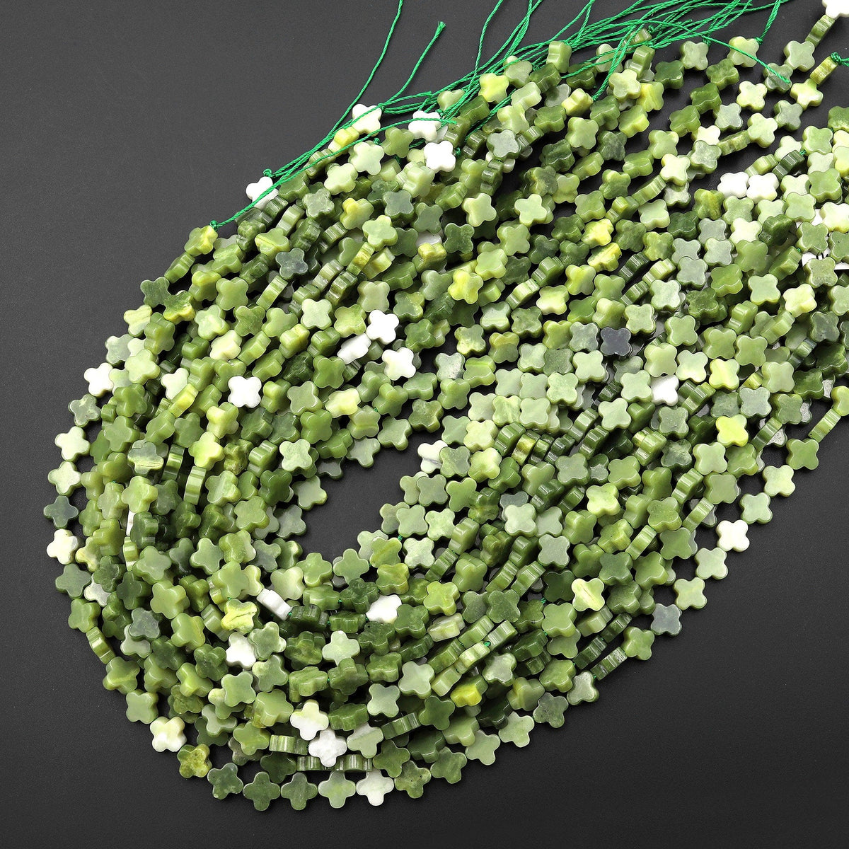 4 Four Leaf Clover Beads Natural Olive Jade 8mm Hand Carved Flower Gem ...