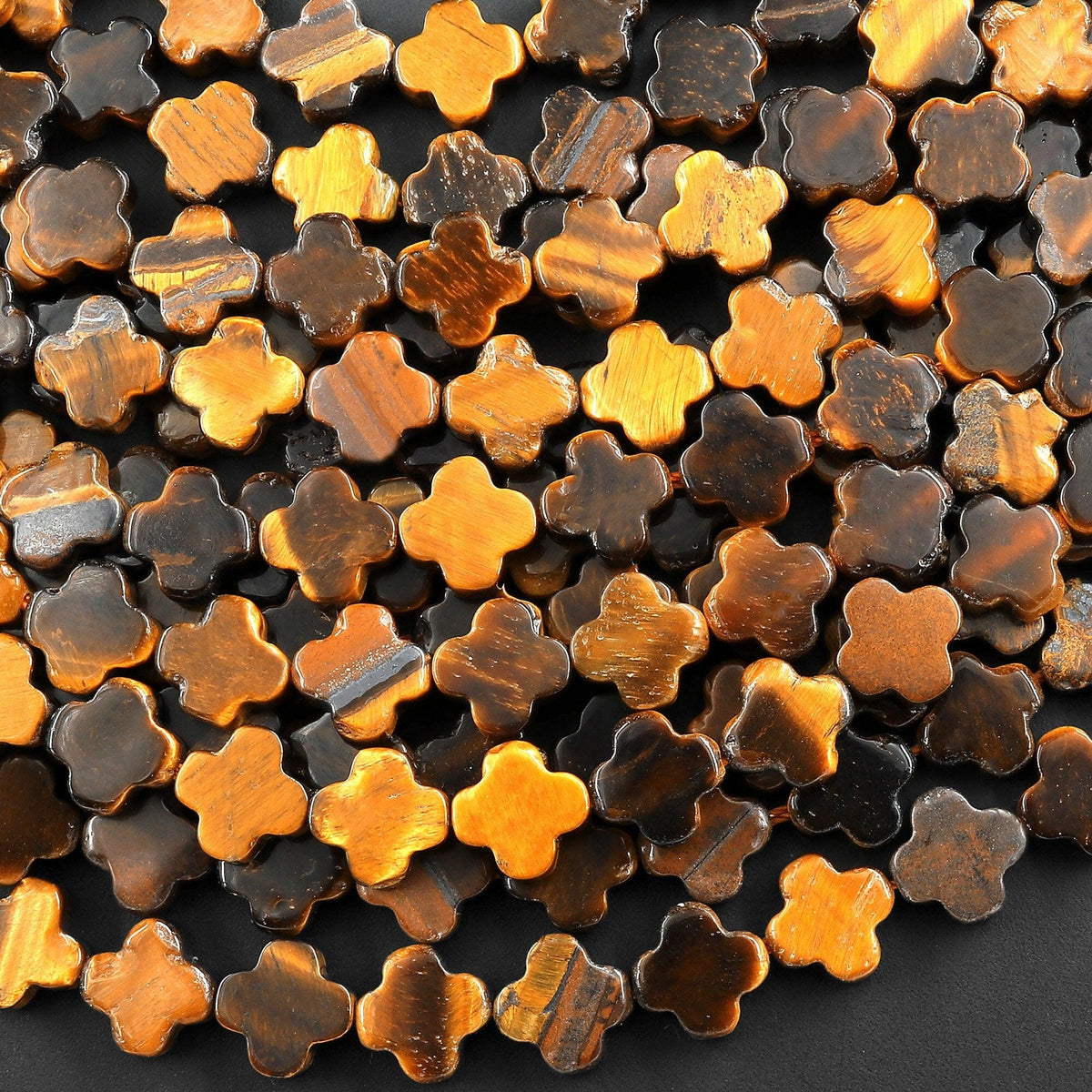 4 Four Leaf Clover Beads Natural Tiger's Eye 8mm Hand Carved Flower Ge ...