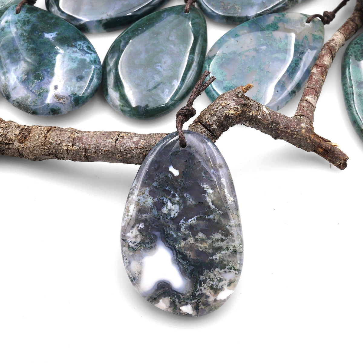 Natural Green Moss Agate Freeform Teardrop Pendant Gemstone Focal Bead ...