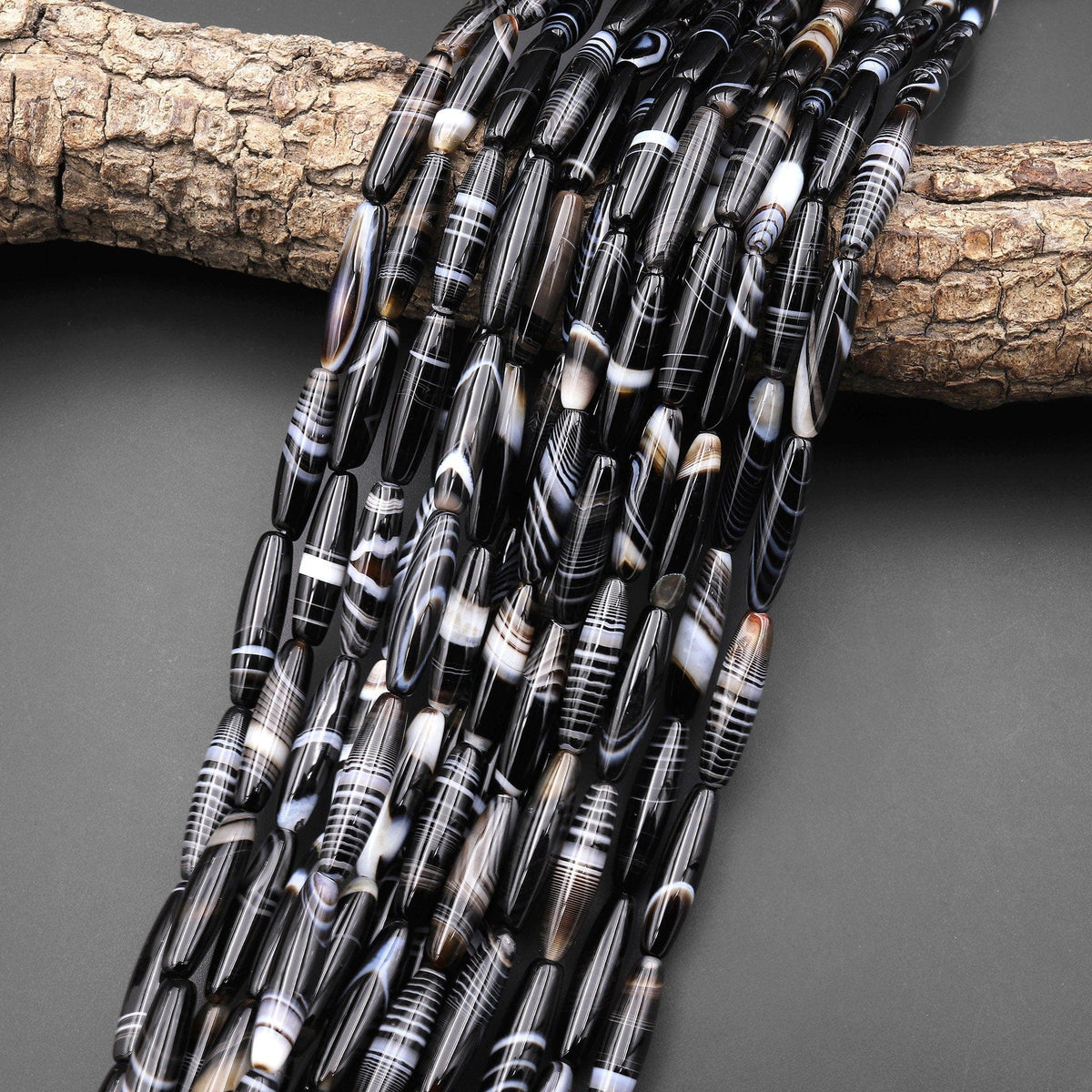 Natural Tibetan Tuxedo Agate Smooth Long Thin Barrel Cylinder 6x24mm B ...