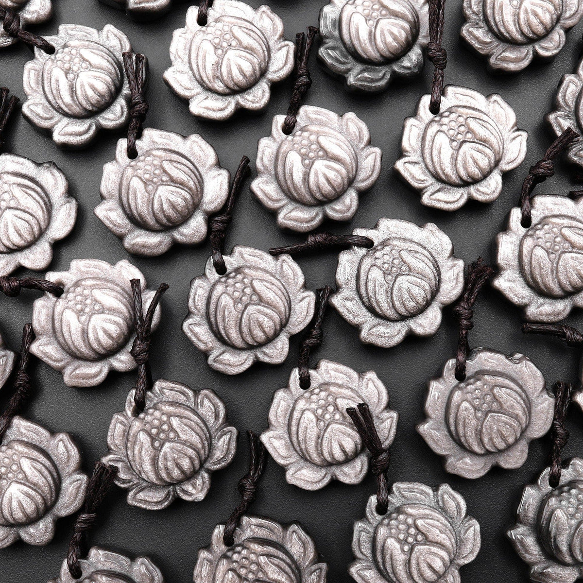 AAA Hand Carved Natural Silver Obsidian Lotus Flower Pendant Gemstone ...