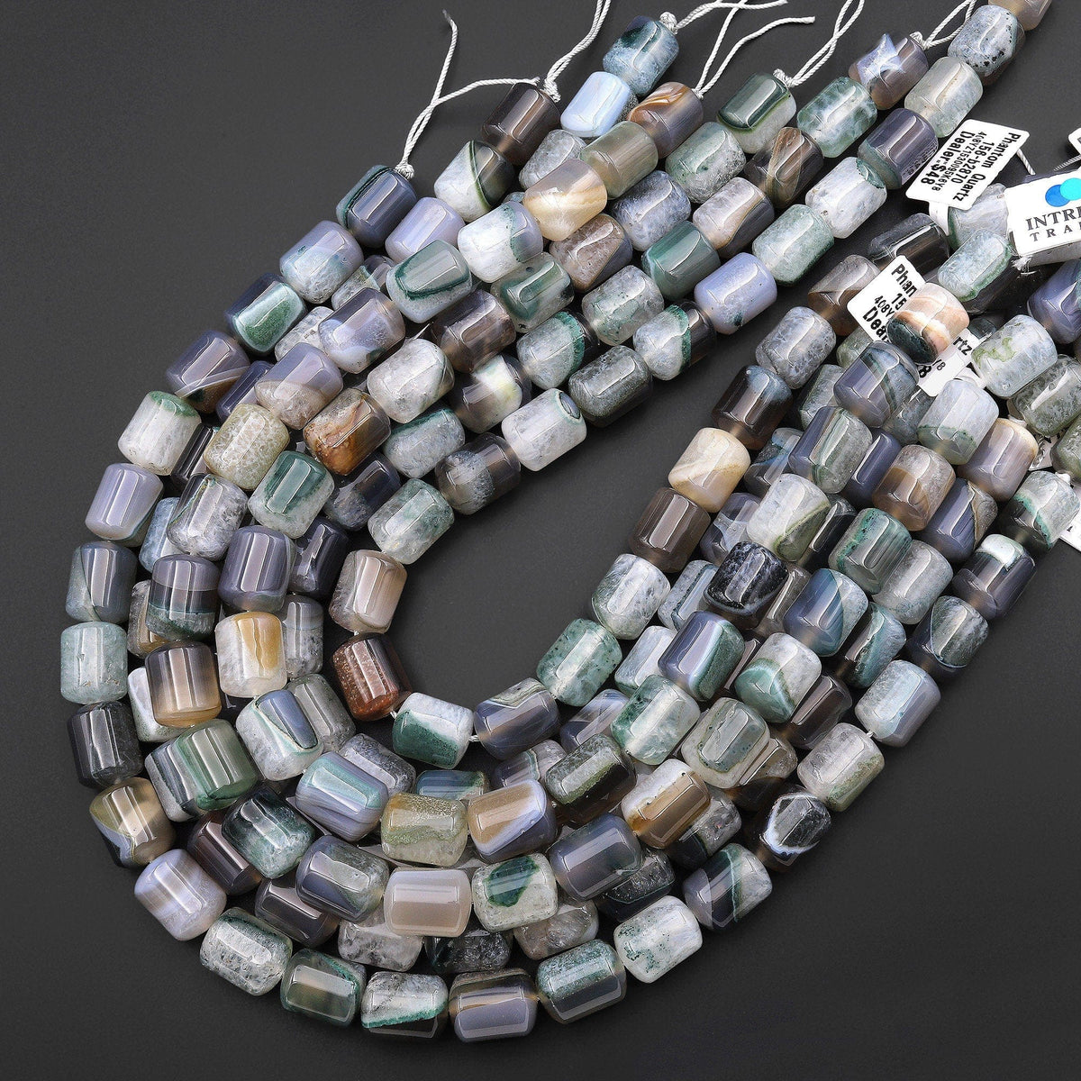 Rare Natural Green Phantom Agate Beads Smooth Drum Barrel 16x12mm Gems ...