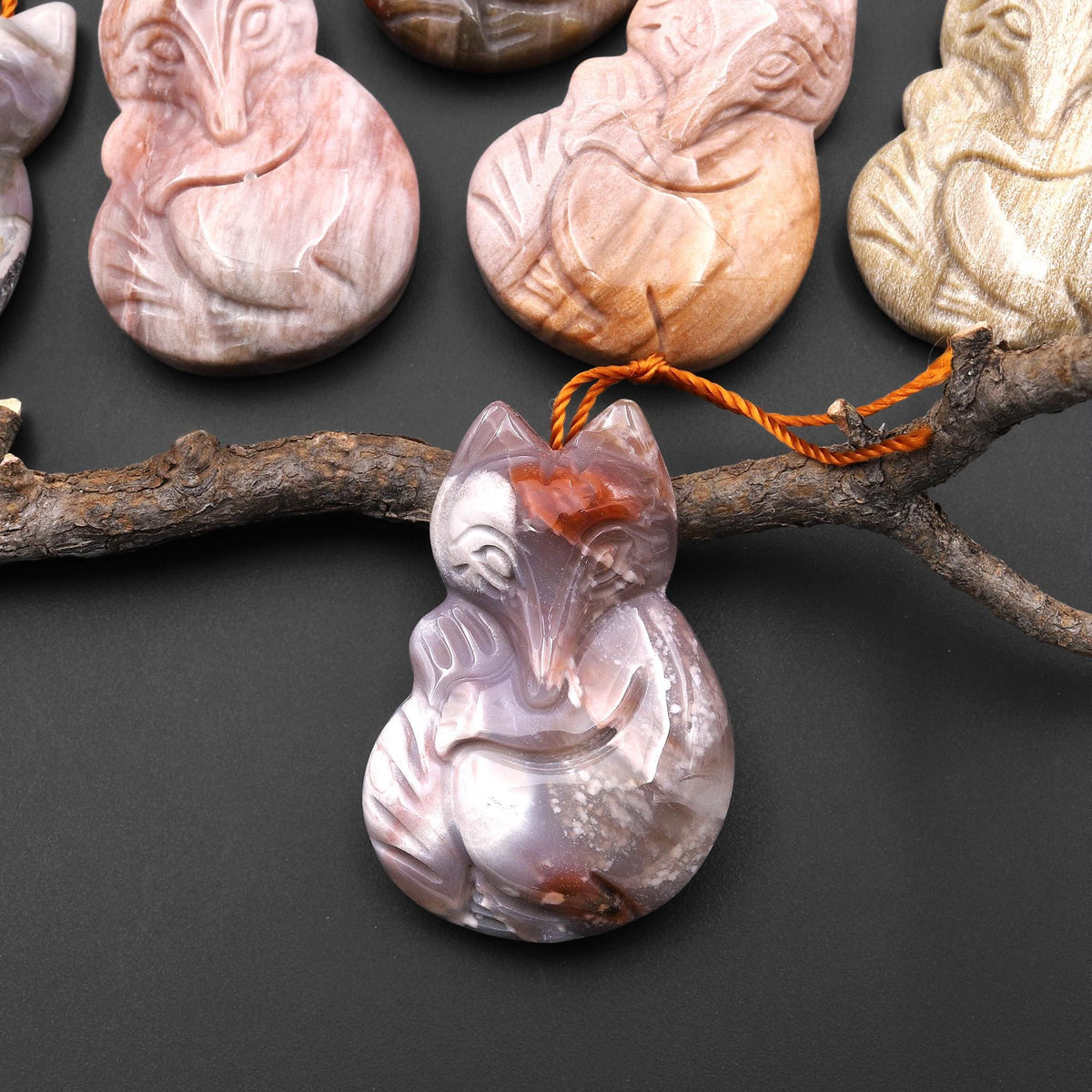 Hand Carved Natural Petrified Wood Fox Pendant Gemstone Focal Bead A7 ...