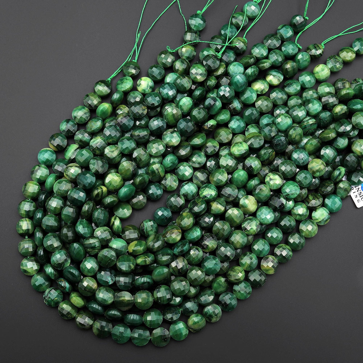 AAA Faceted Natural African Green Jade Coin Beads 8mm 10mm 15.5" Stran ...