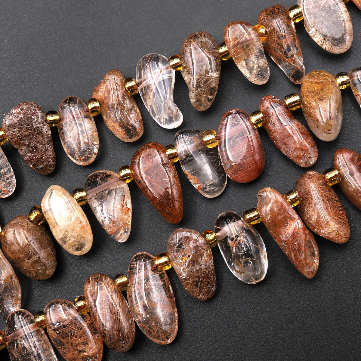 Natural Red Rutile Quartz Freeform Oval Pebble Nugget Beads Top Side D ...