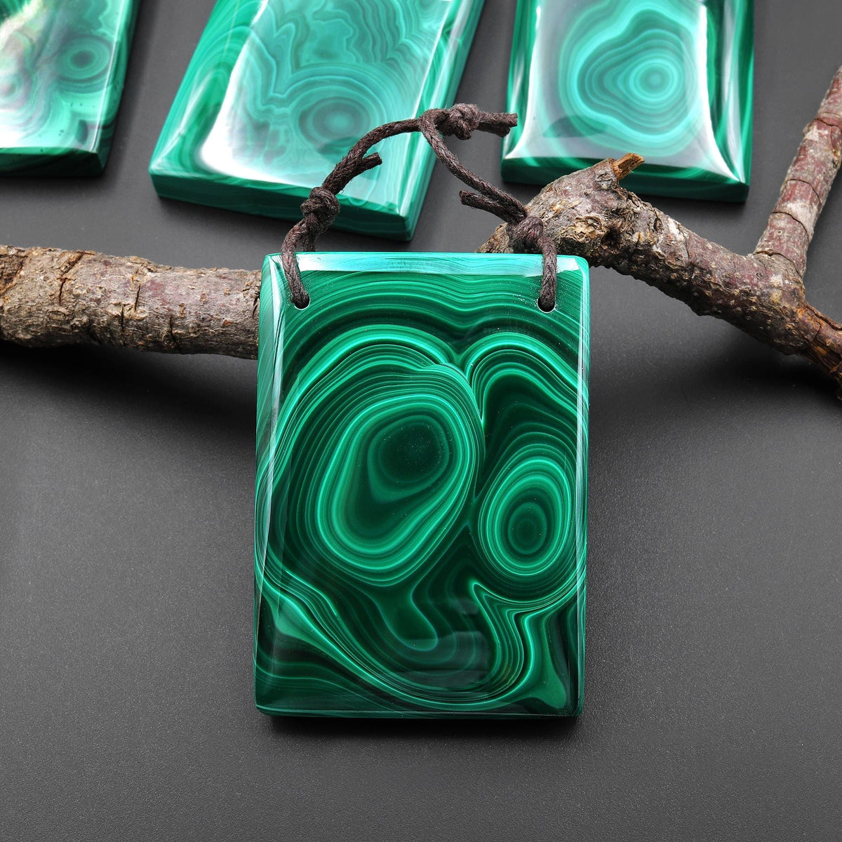 AAA Large 2 Hole Natural Malachite Rectangle Pendant Focal Gemstone Be ...