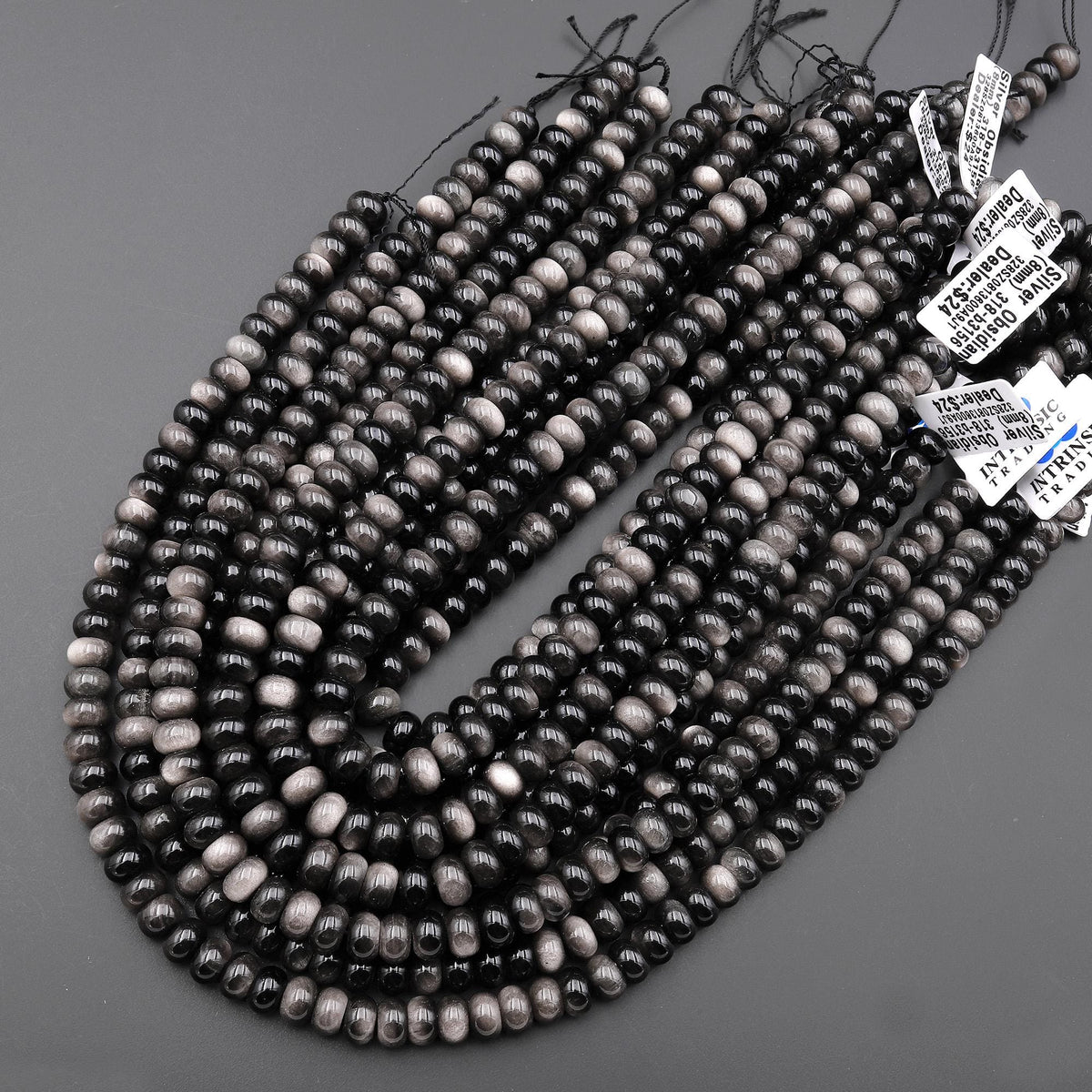 AAA Natural Silver Obsidian Smooth Rondelle Beads 8mm 15.5" Strand ...