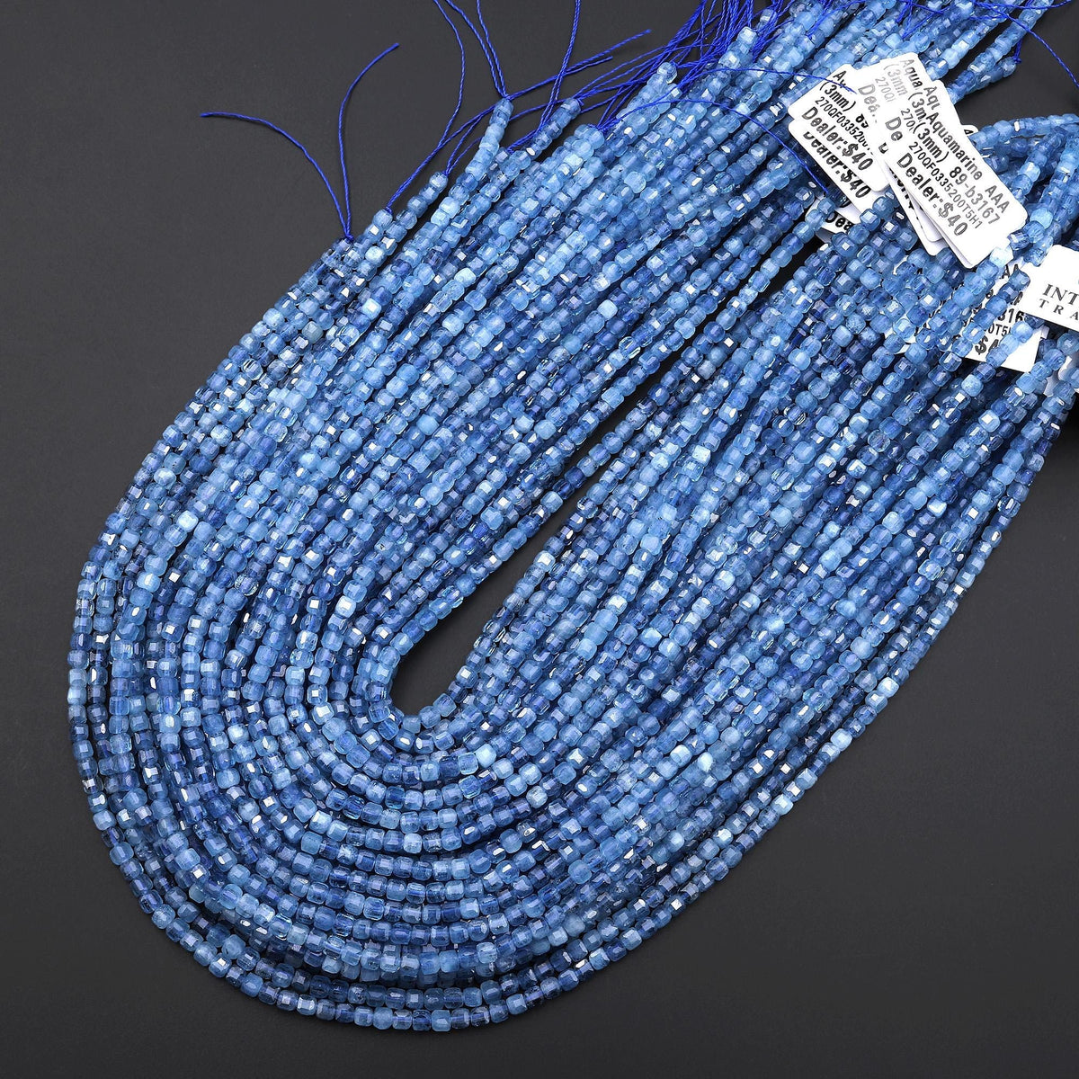 AAA Gemmy Natural Santa Maria Blue Aquamarine Faceted 2mm 3mm Cube Bea ...