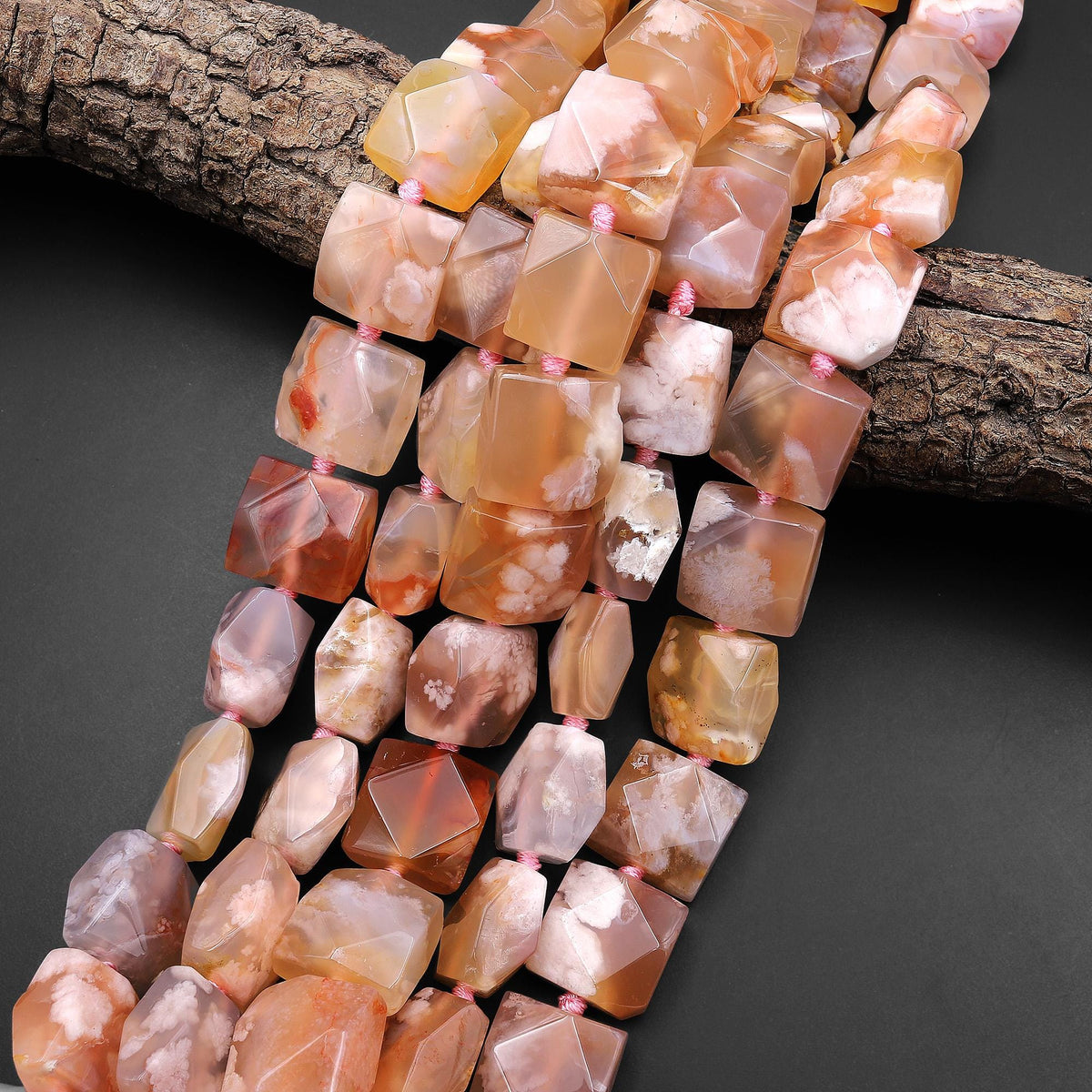 Faceted AAA Natural Cherry Blossom Agate Square Beads Aka Flower Agate ...