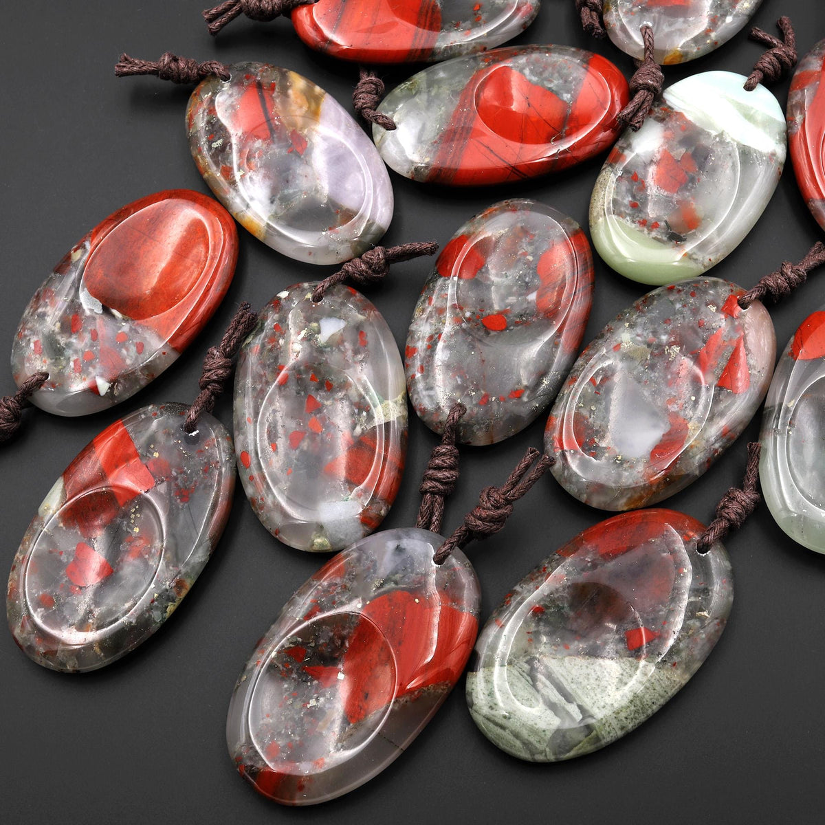 Natural African Bloodstone Pendant Indented Oval Focal Worry Stone Bea ...