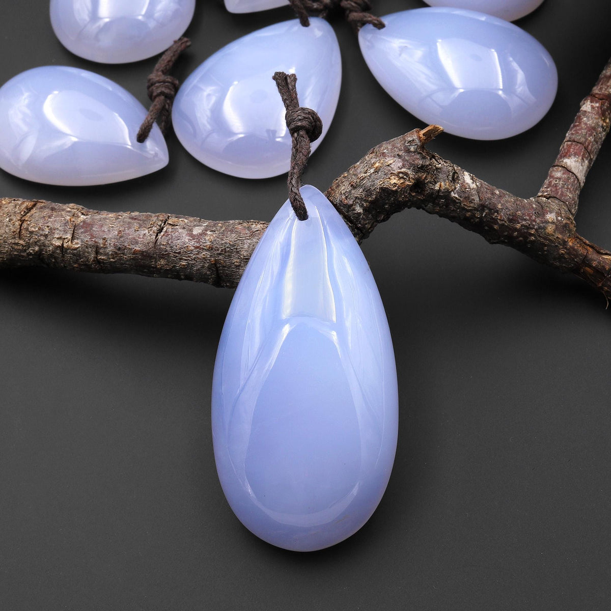 Natural Blue Chalcedony Teardrop Pear Pendant Focal Bead Drilled Highl ...