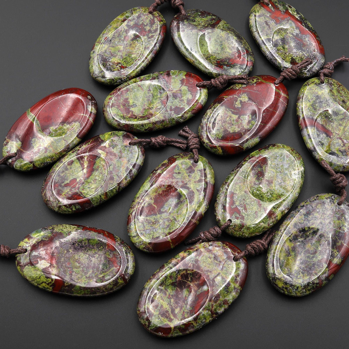 Natural Dragon Blood Jasper Pendant Indented Oval Focal Worry Stone Be ...