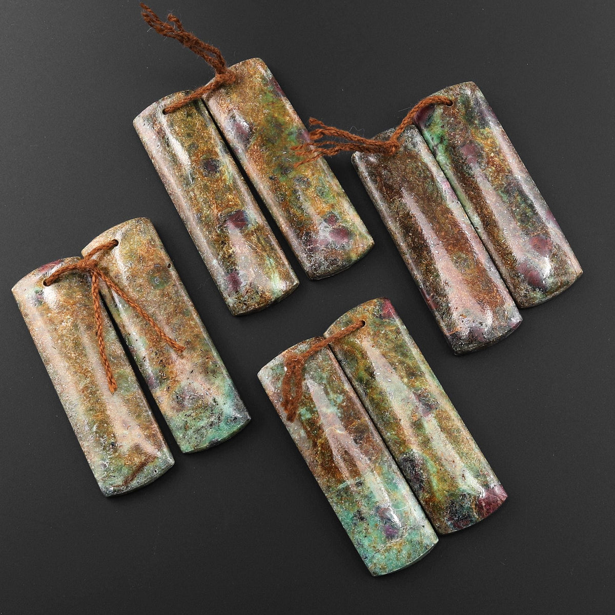 Natural Brown Ruby Fuchsite Rectangle Earring Pair Matched Gemstone Be ...