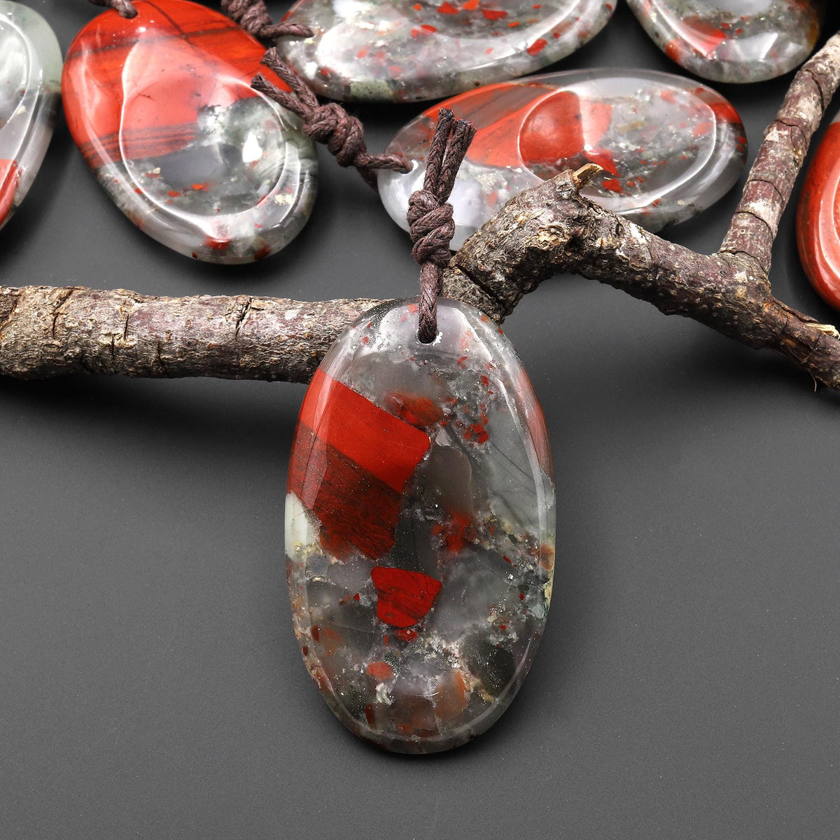 Natural African Bloodstone Pendant Indented Oval Focal Worry Stone Bea ...