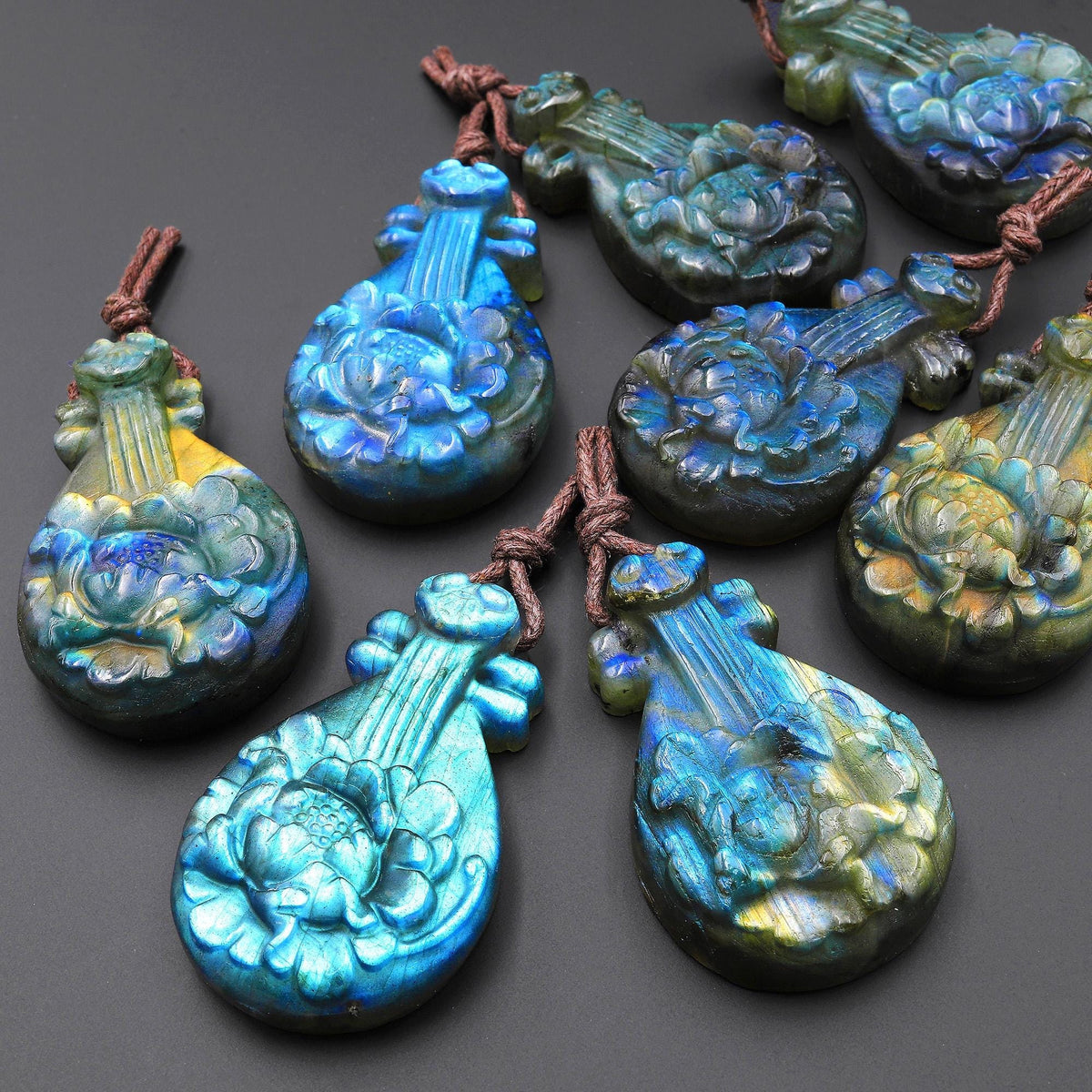 AAA Hand Carved Natural Chinese Lute Pipa W Peony Rose Flower Pendant ...