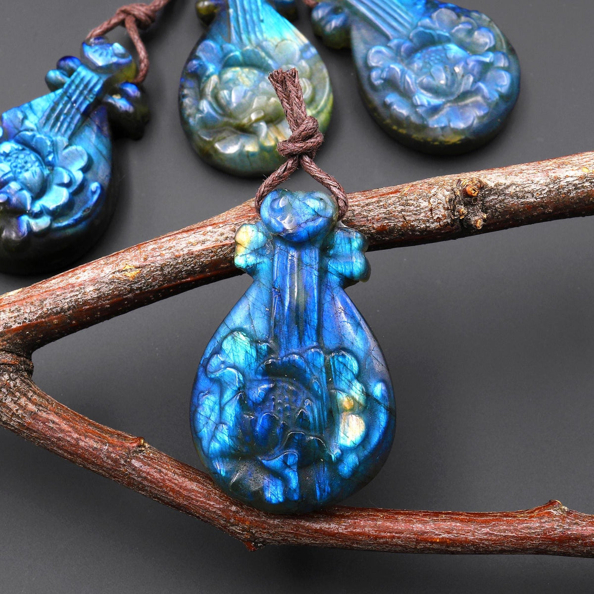 AAA Hand Carved Natural Chinese Lute Pipa W Peony Rose Flower Pendant ...