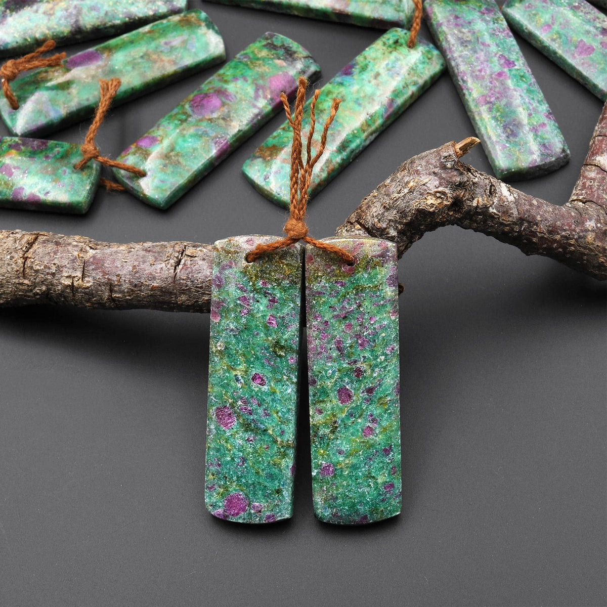 Natural Red Ruby Green Fuchsite 40x12mm Rectangle Earring Pair Matched ...