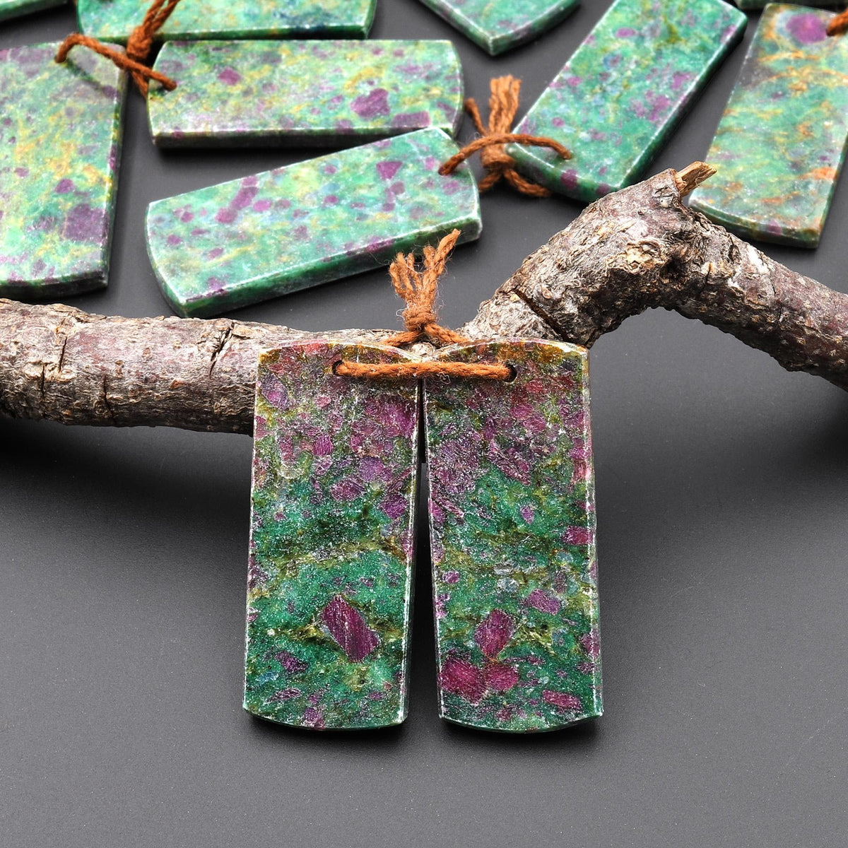 Natural Red Ruby Green Fuchsite Flat Rectangle Earring Pair Matched Ge ...