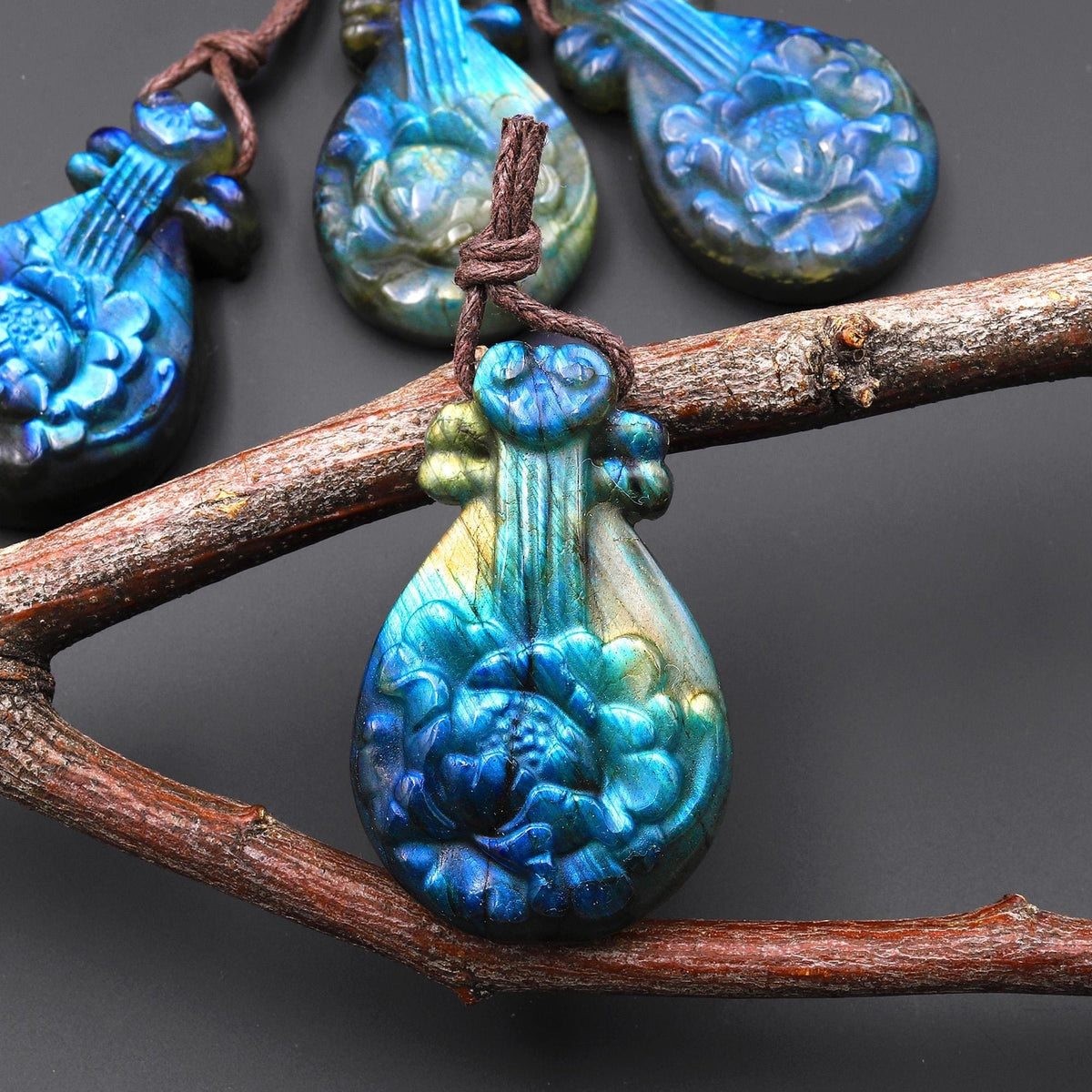 AAA Hand Carved Natural Chinese Lute Pipa W Peony Rose Flower Pendant ...