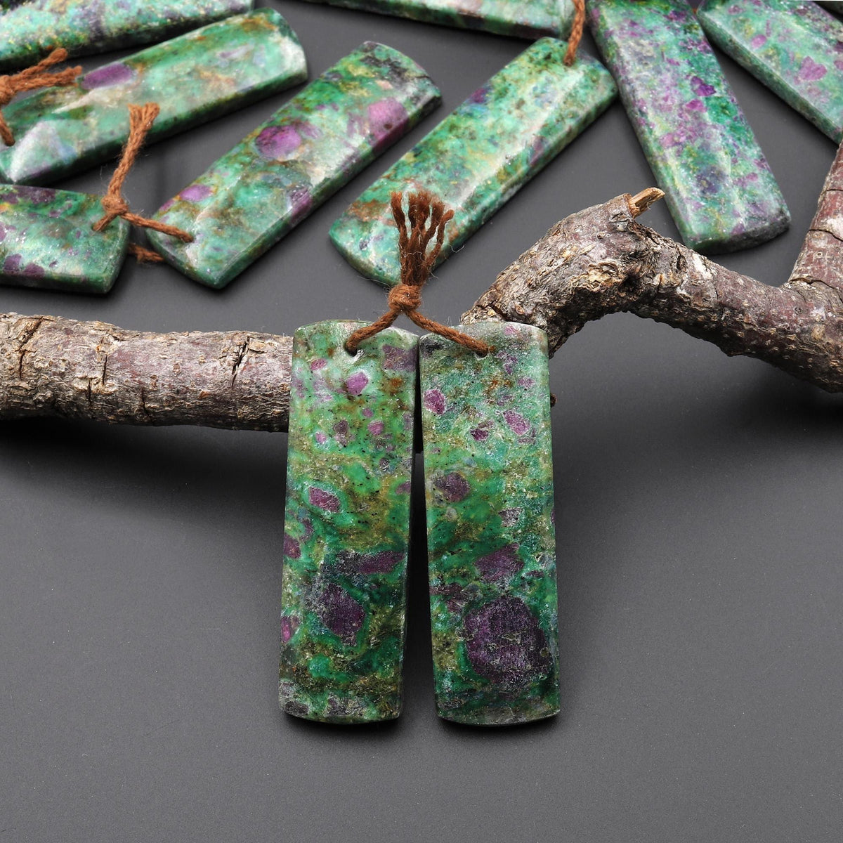 Natural Red Ruby Green Fuchsite 40x12mm Rectangle Earring Pair Matched ...