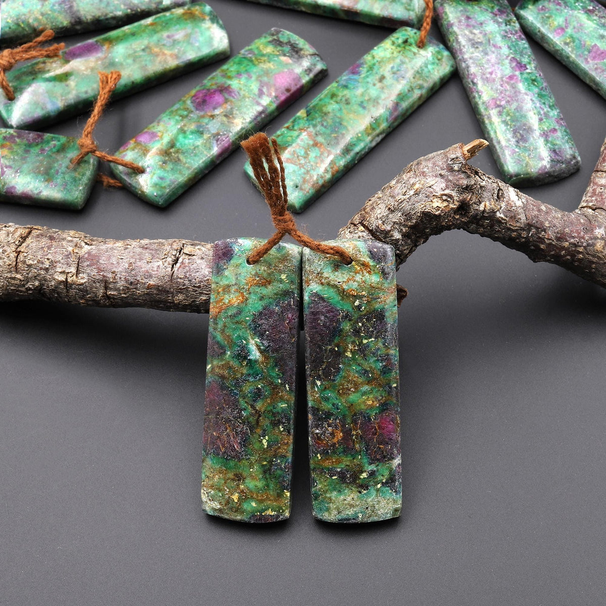 Natural Red Ruby Green Fuchsite 40x12mm Rectangle Earring Pair Matched ...