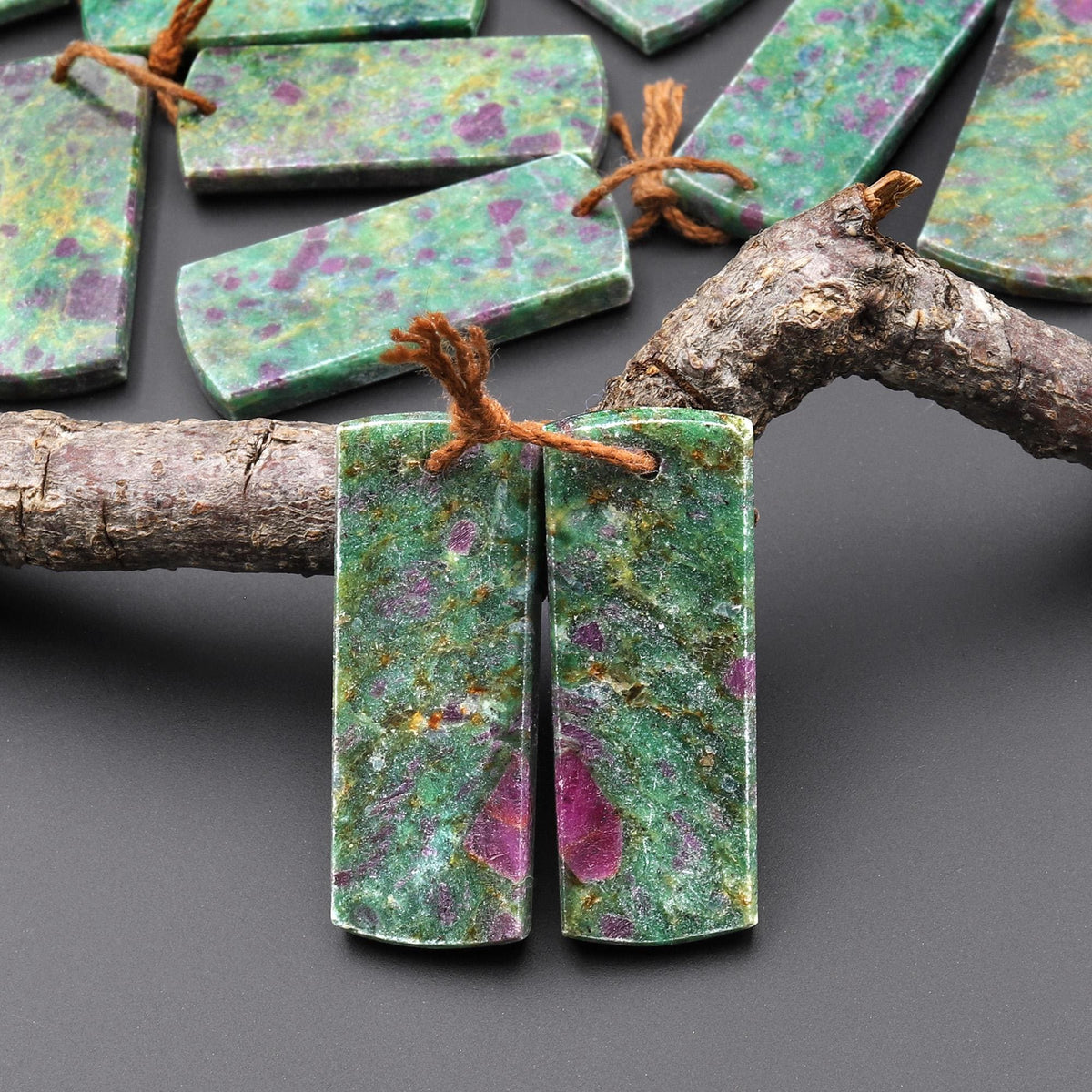 Natural Red Ruby Green Fuchsite Flat Rectangle Earring Pair Matched Ge ...