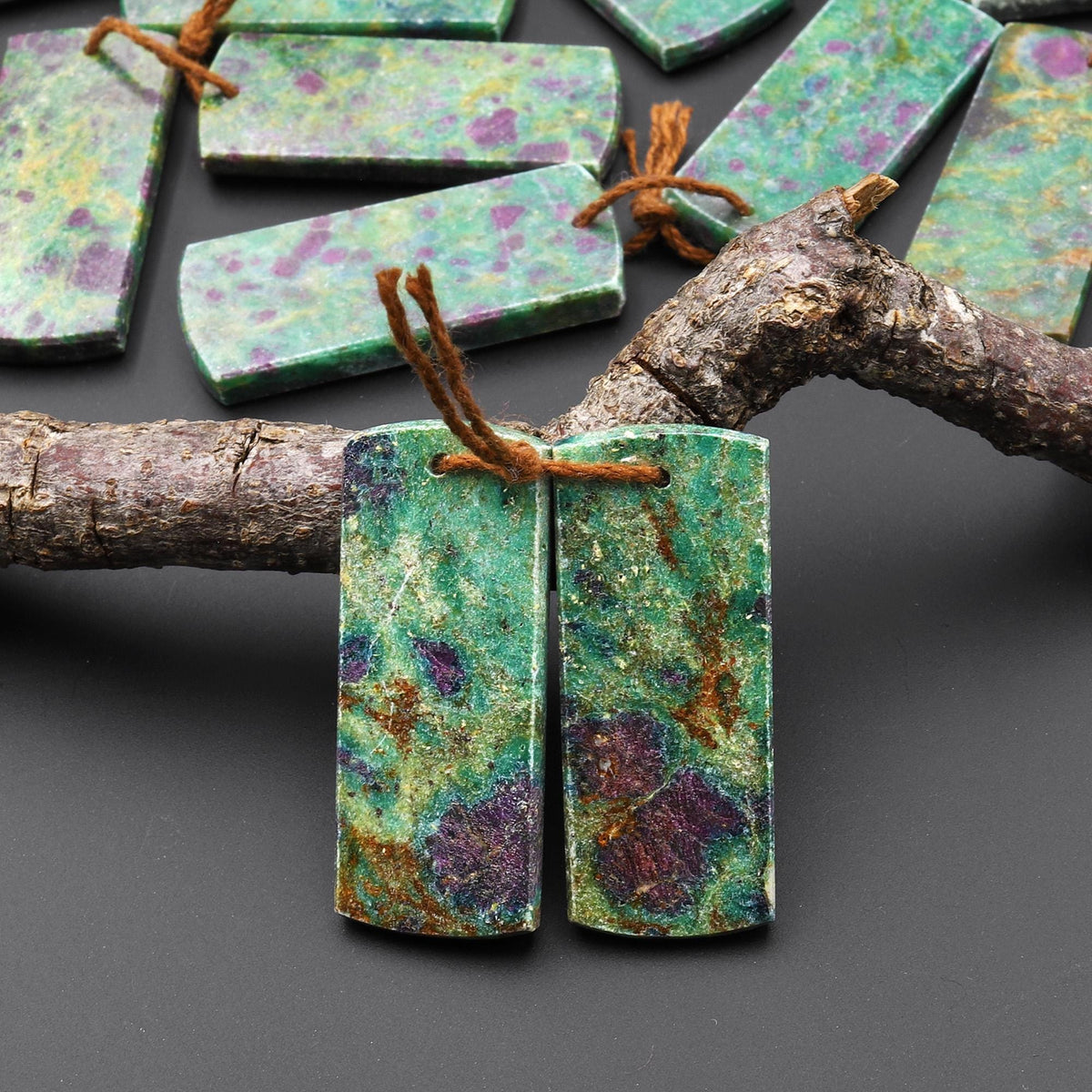 Natural Red Ruby Green Fuchsite Flat Rectangle Earring Pair Matched Ge ...