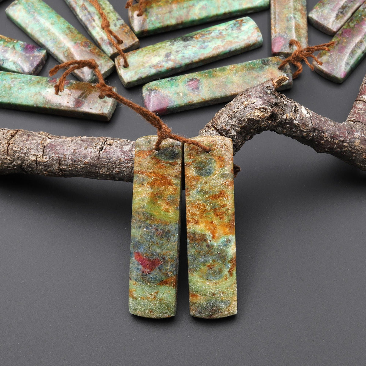 Natural Rusty Brown Ruby Green Fuchsite Rectangle Earring Pair Matched ...