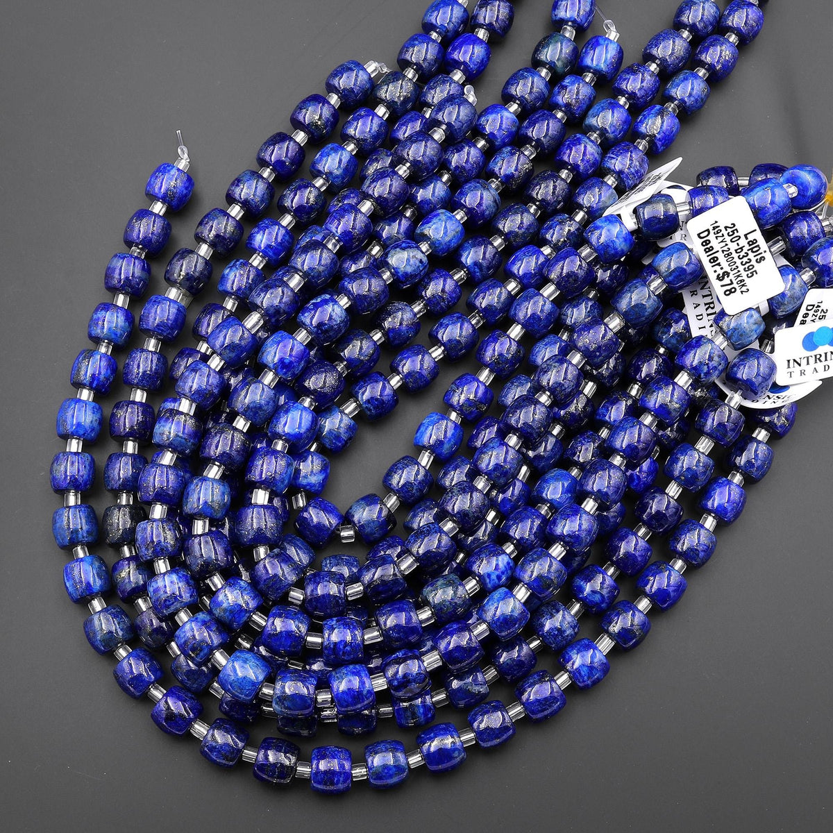 Natural Blue Lapis Short Barrel Wheel Rondelle Beads With Pyrite Matri ...