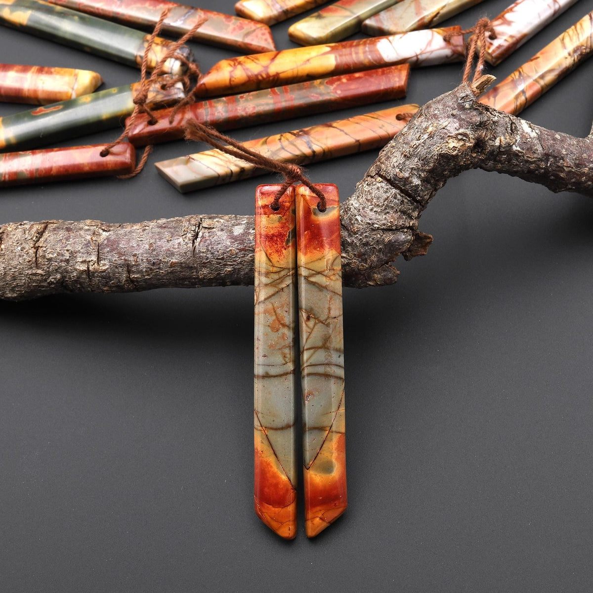 Natural Red Creek Jasper Linear Thin Spike Beveled Rectangle Earring P ...
