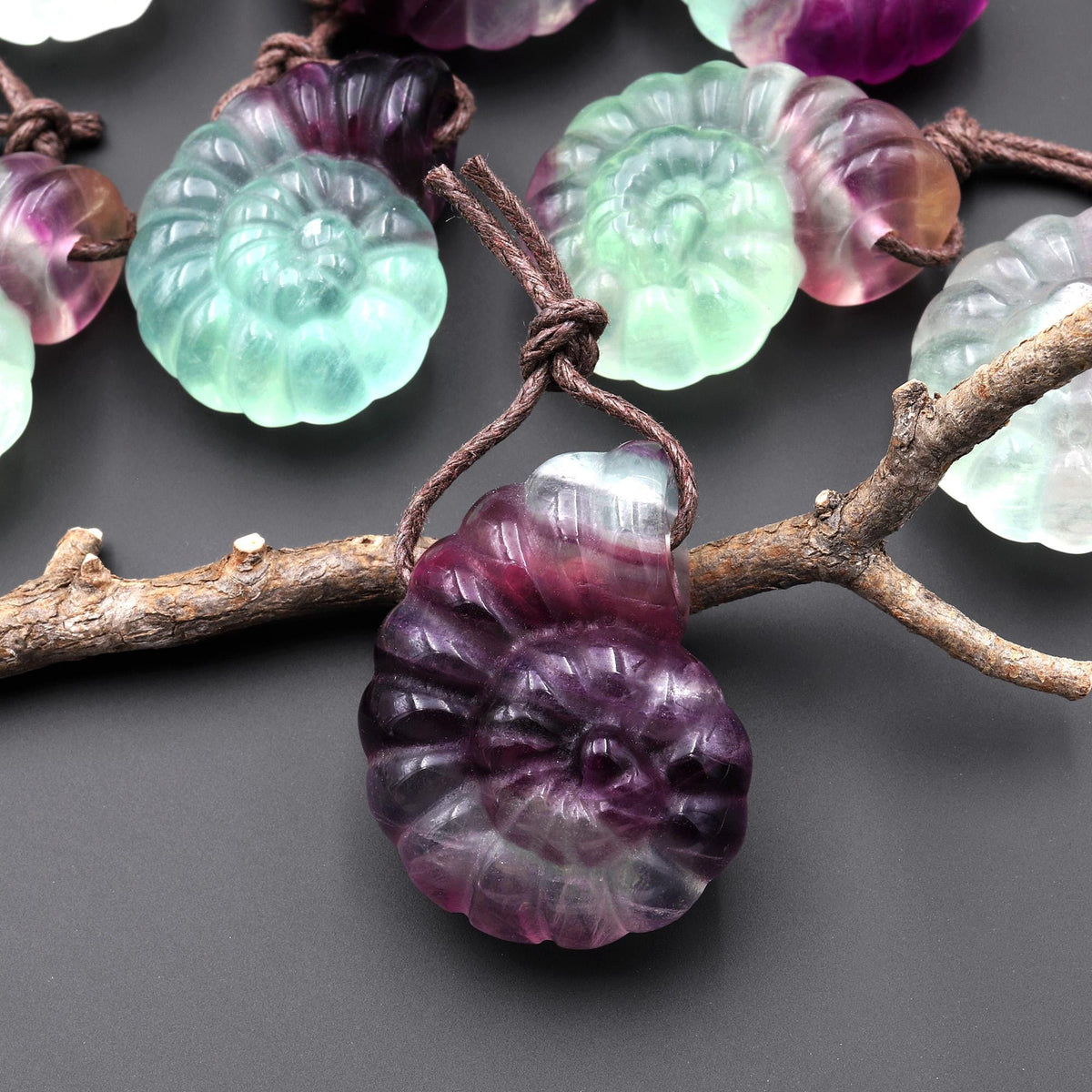 AAA Hand Carved Natural Candy Fluorite Bicolor Green Purple Ammonite P ...