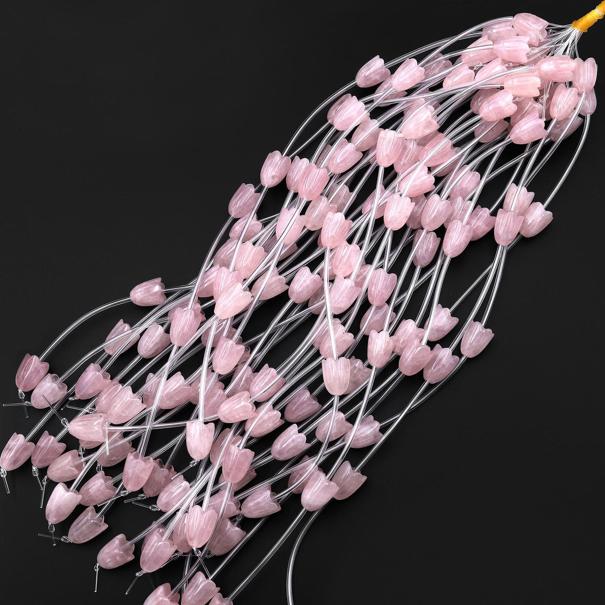 AAA Natural Pink Rose Quartz Hand Carved Tulip Lily Flower Vertically ...