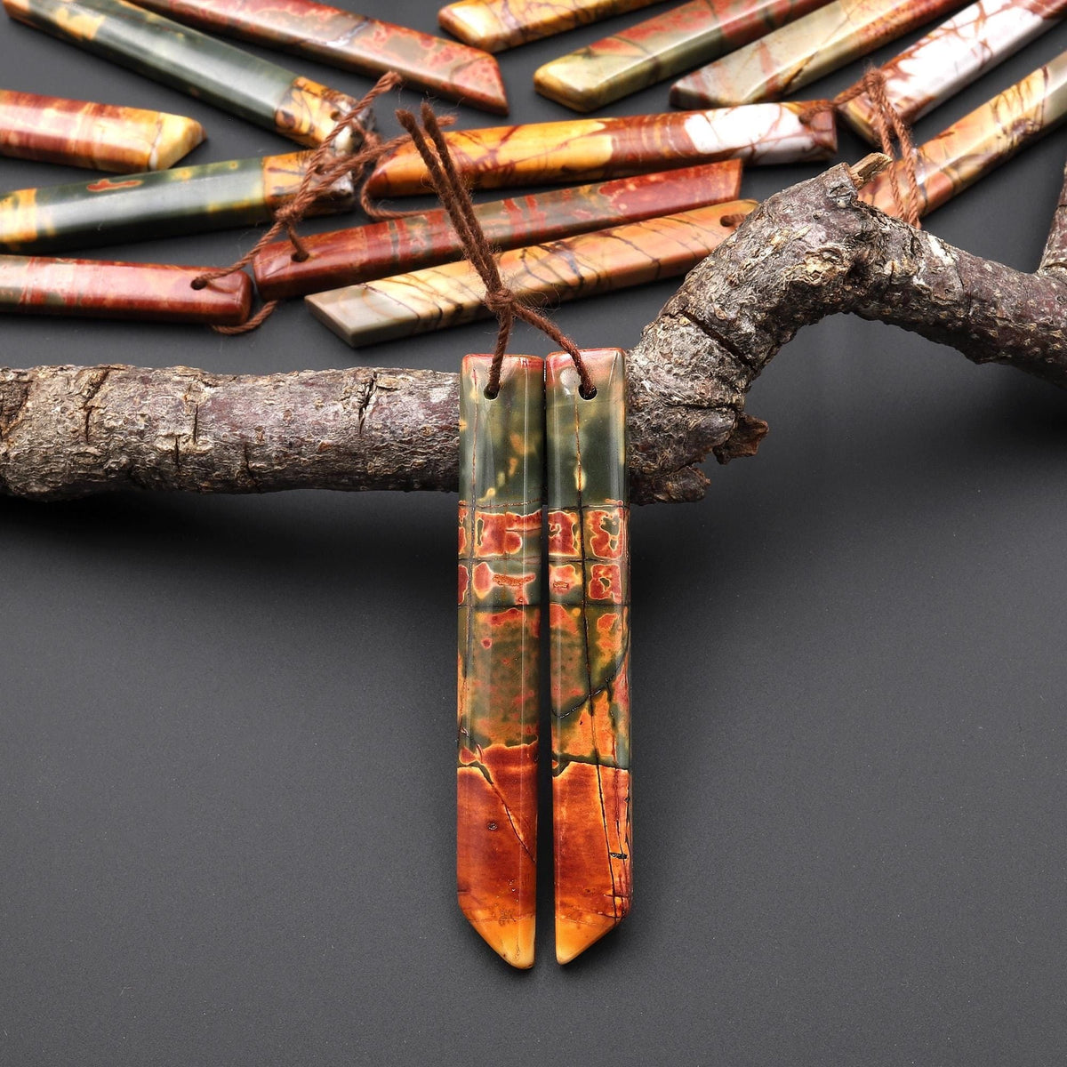 Natural Red Creek Jasper Linear Thin Spike Beveled Rectangle Earring P ...