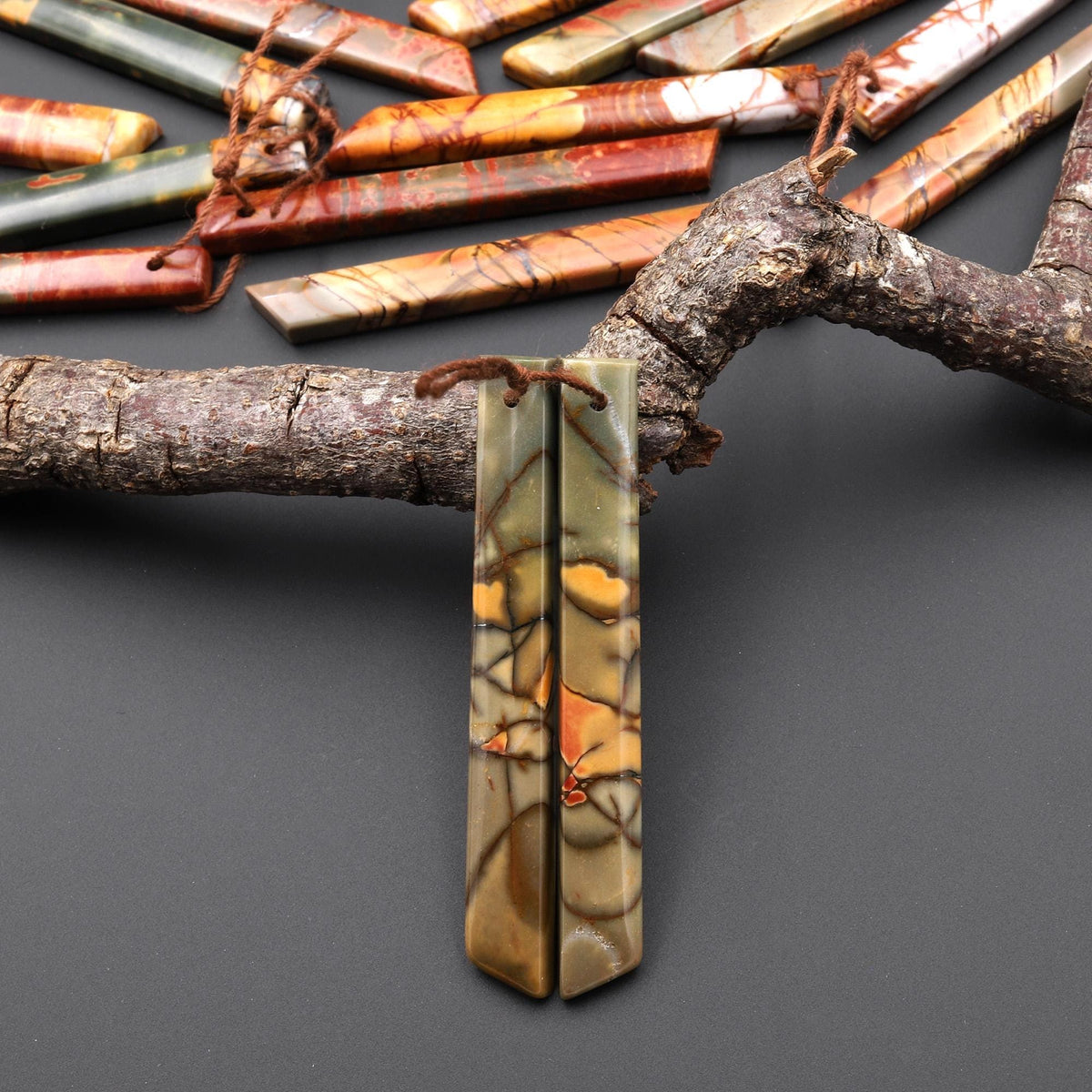 Natural Red Creek Jasper Linear Thin Spike Beveled Rectangle Earring P ...