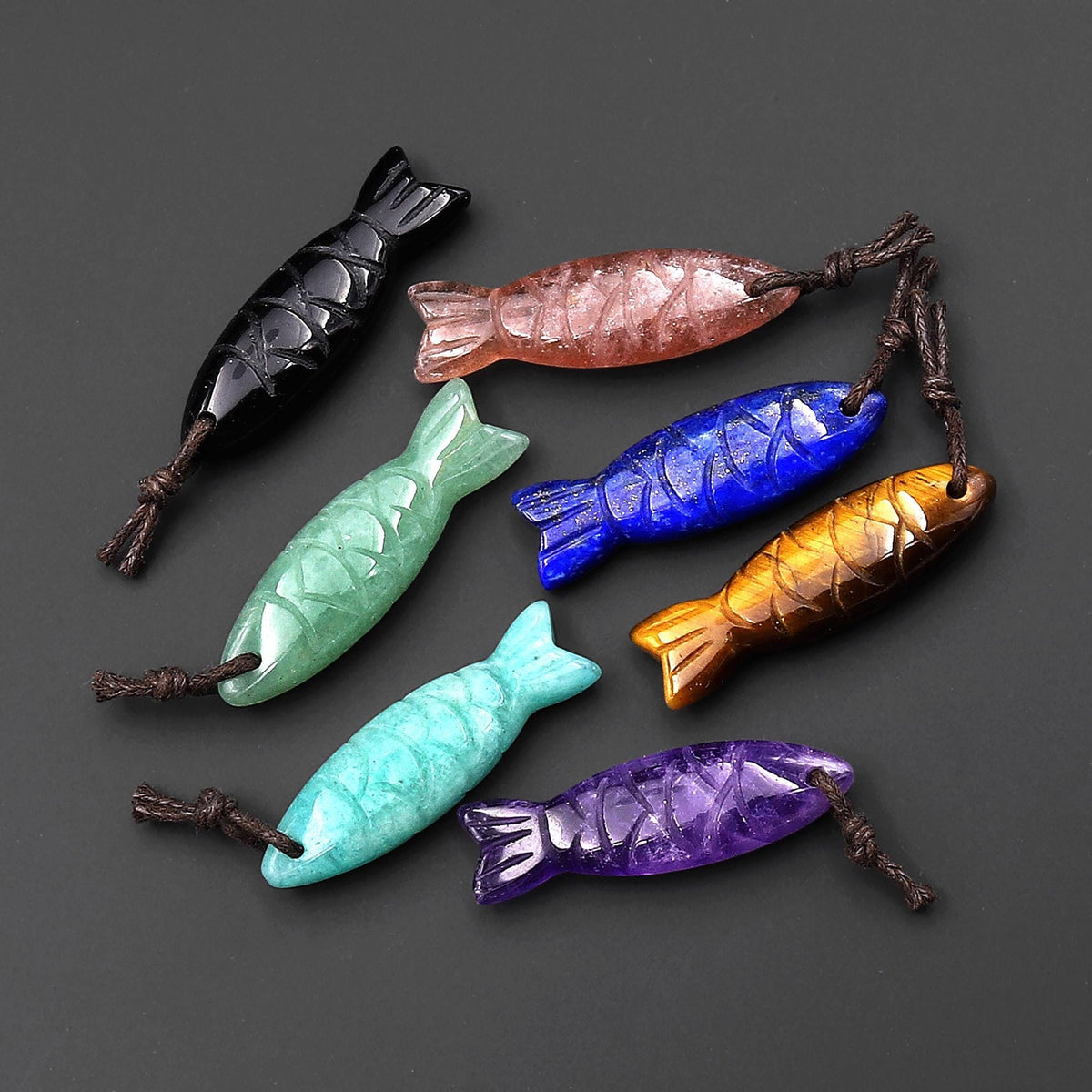 Hand Carved Natural Gemstone Fish Pendant Blue Lapis Green Amazonite P ...