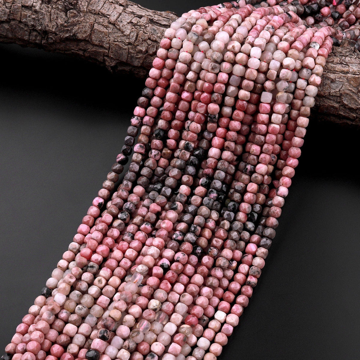 Natural Pink Rhodonite Faceted 4mm Cube Square Dice Beads 15.5" Strand ...